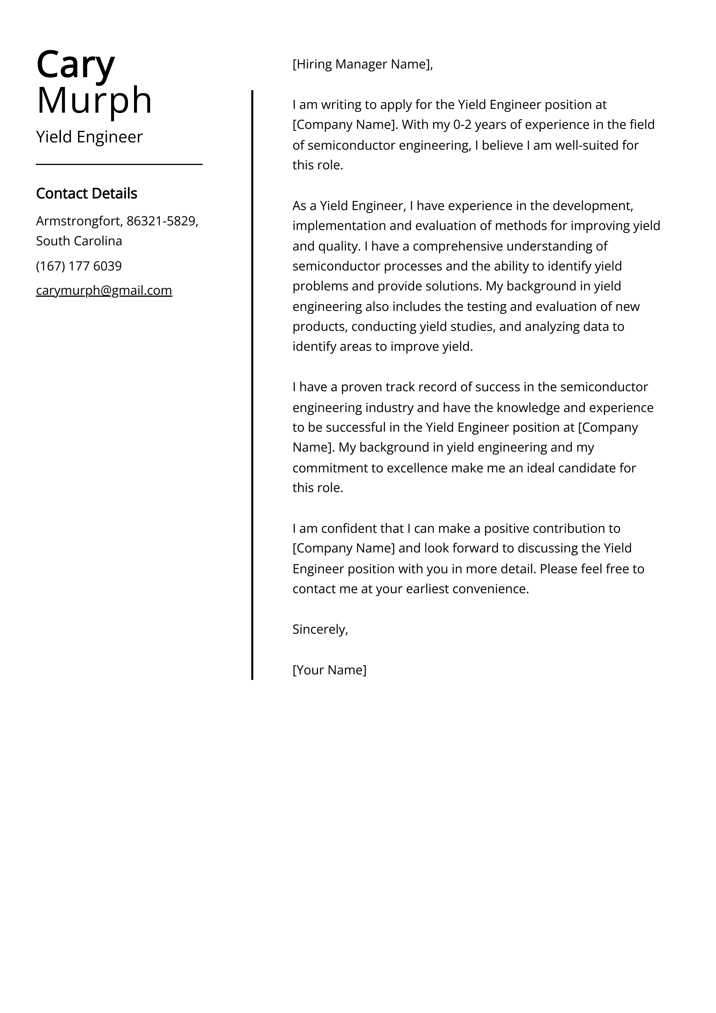 Yield Engineer Cover Letter Examples & Guide