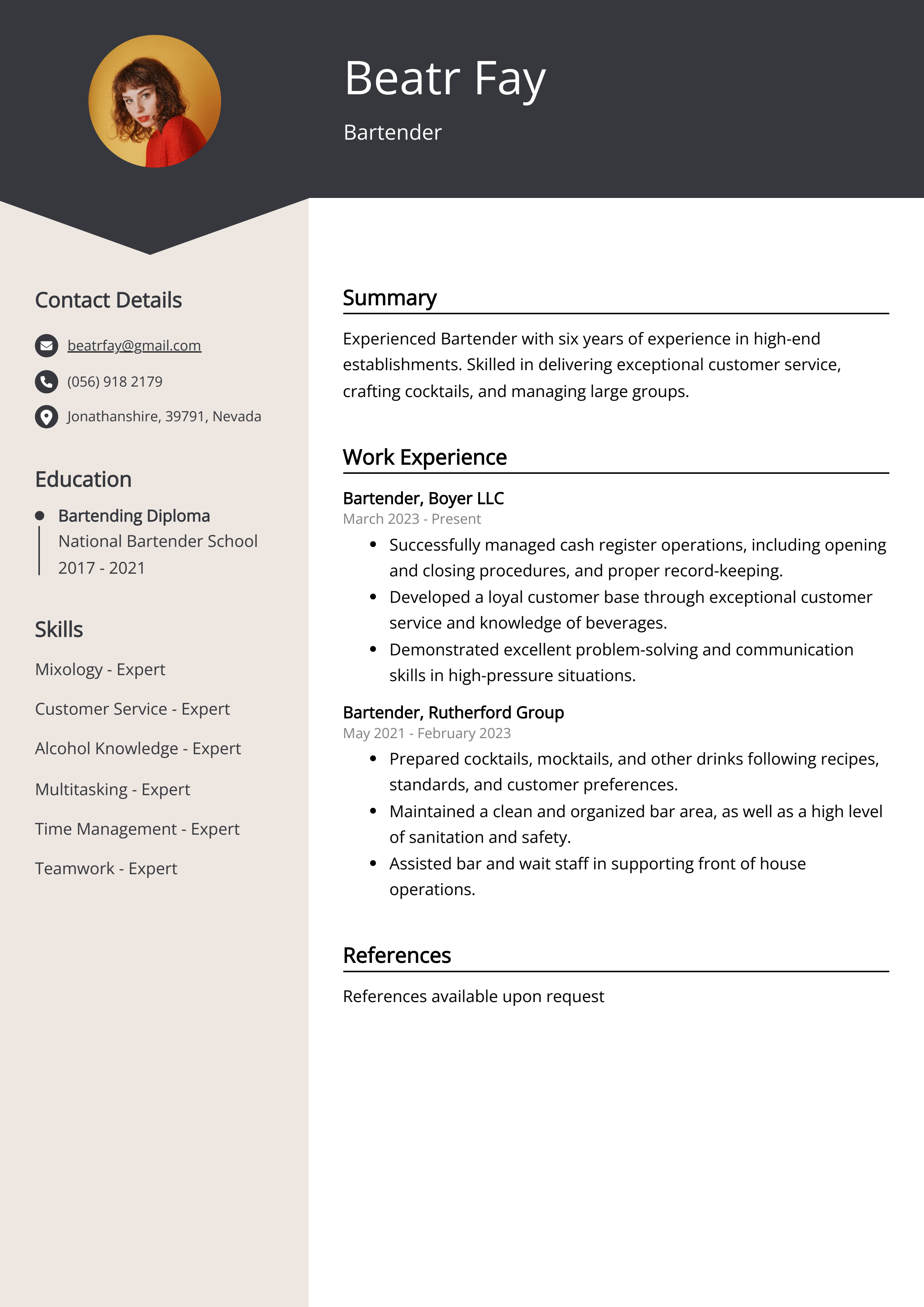 Bartender CV Example For 2024 Skills Templates 