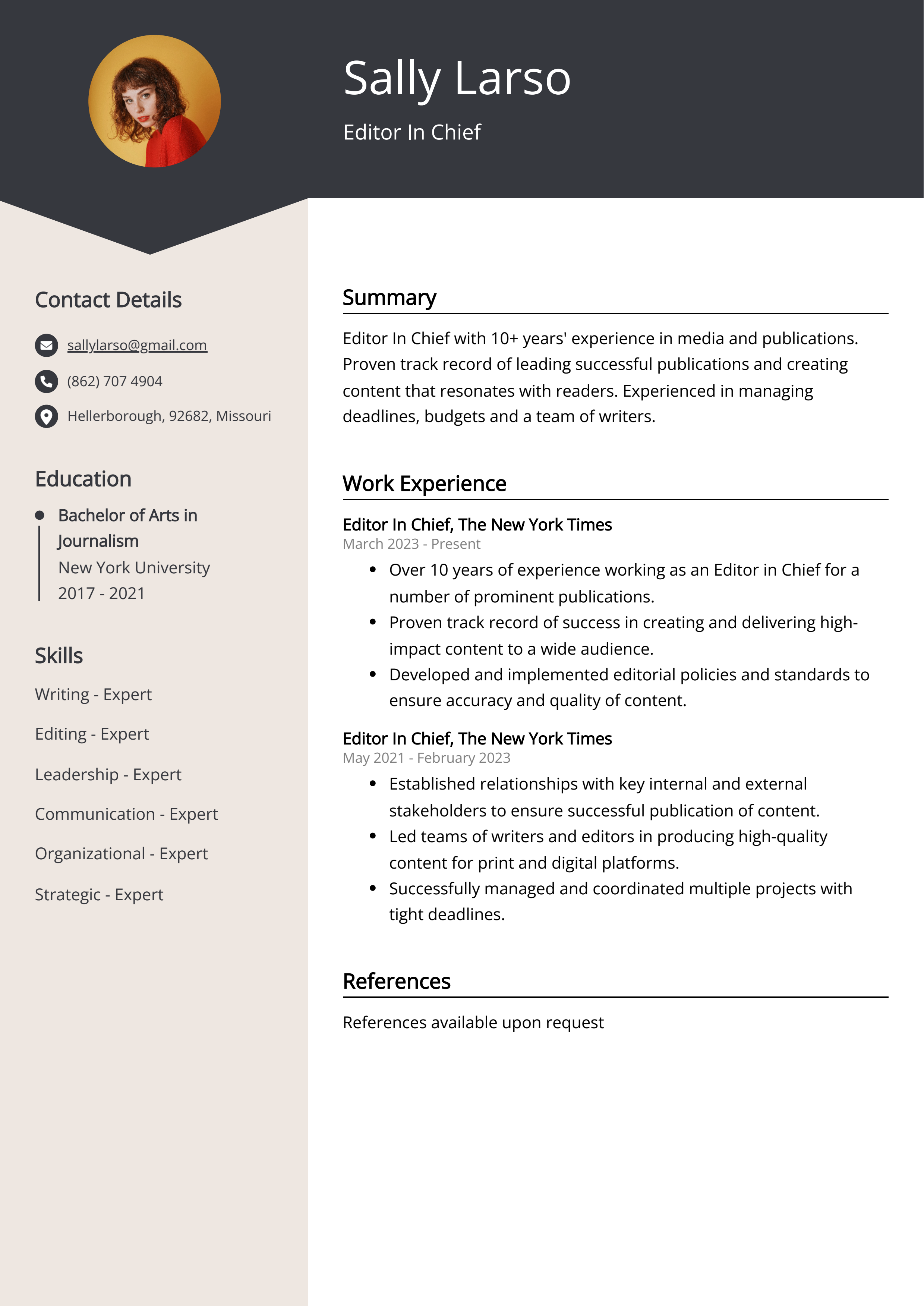Editor In Chief CV Example for 2023 (Skills & Templates)