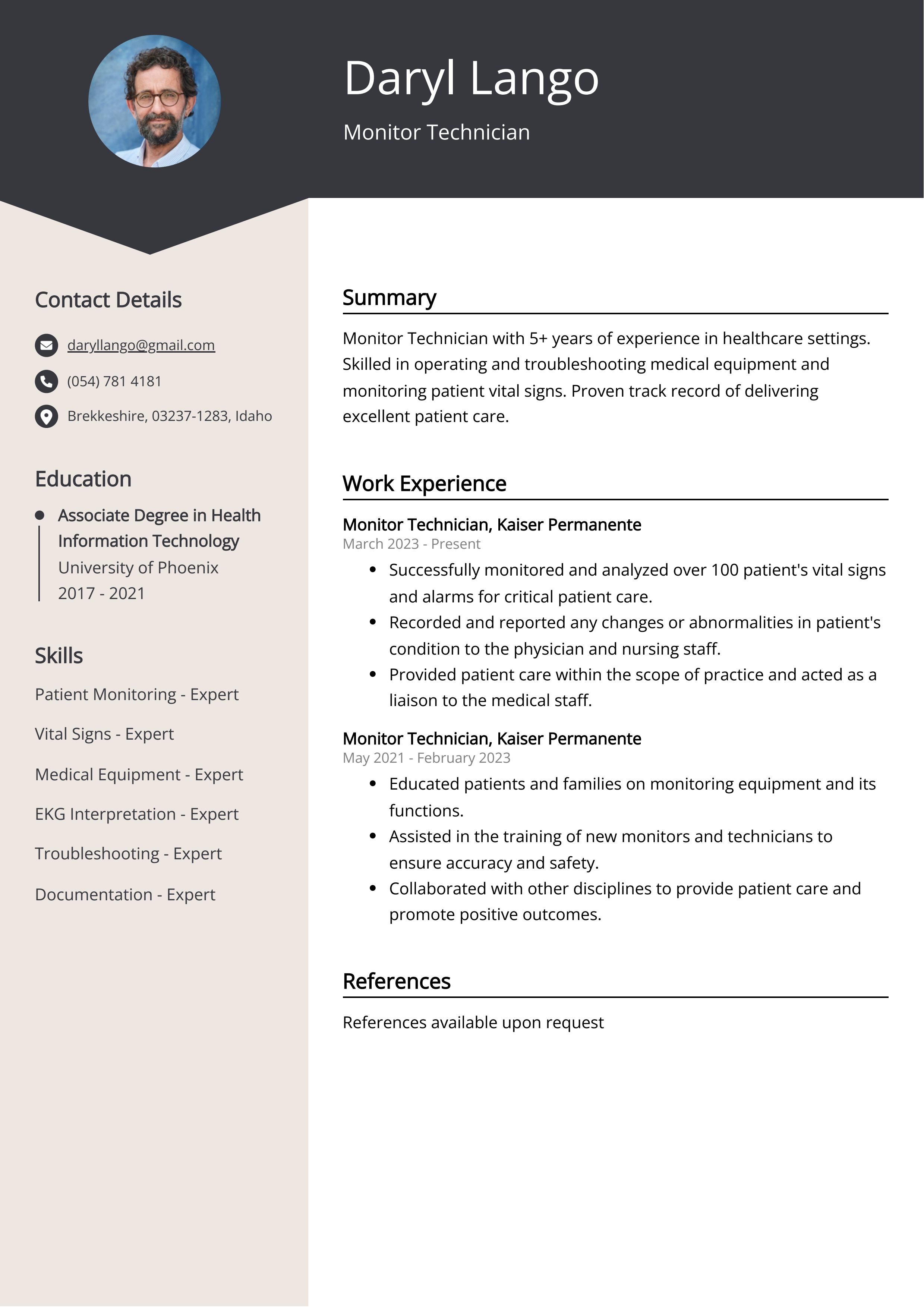 Monitor Technician CV: Job Description, Sample & Guide