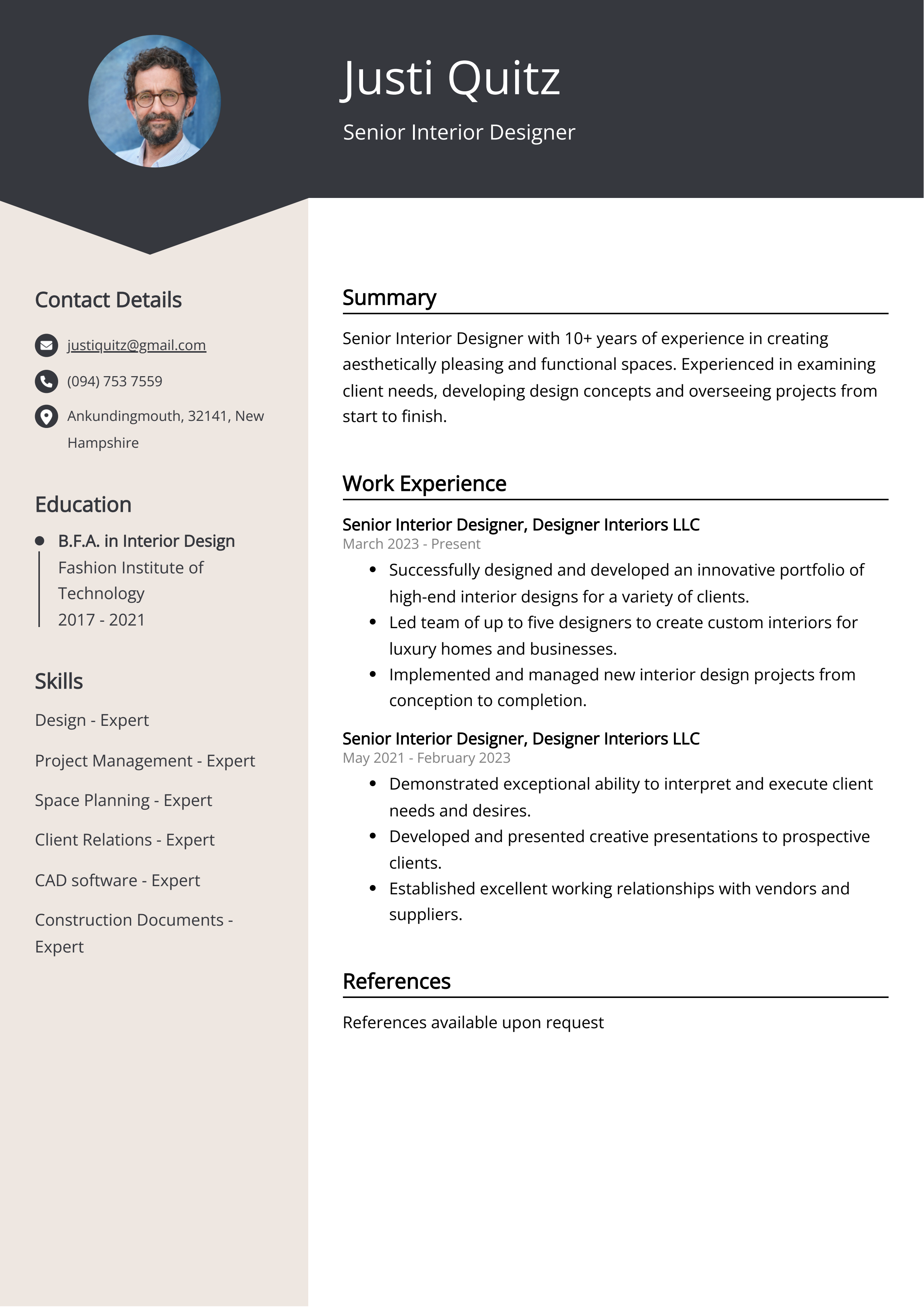 Senior Interior Designer CV Examples (Template & 20+ Tips)