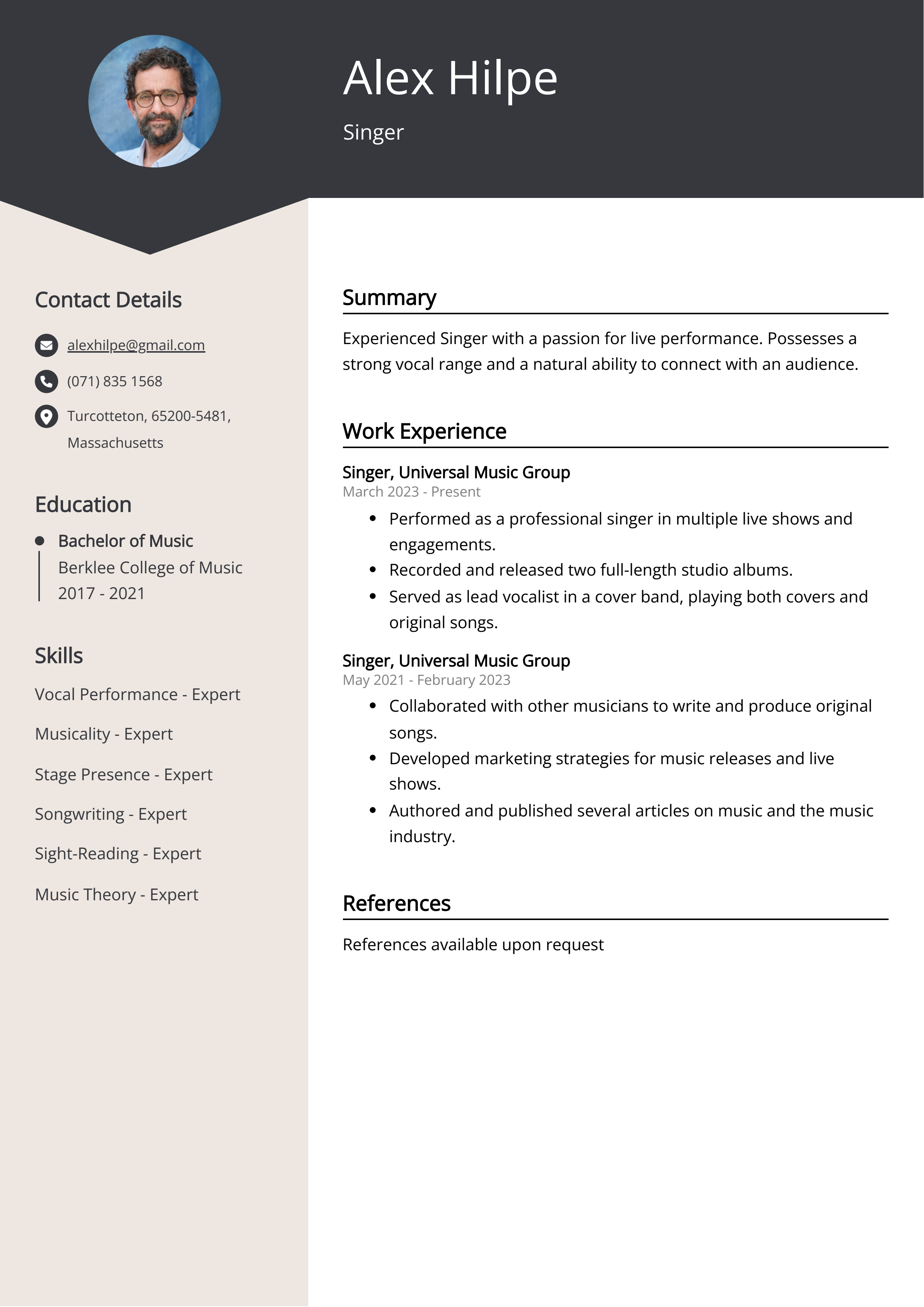 Singer Cv Example at Sabrina Swensen blog