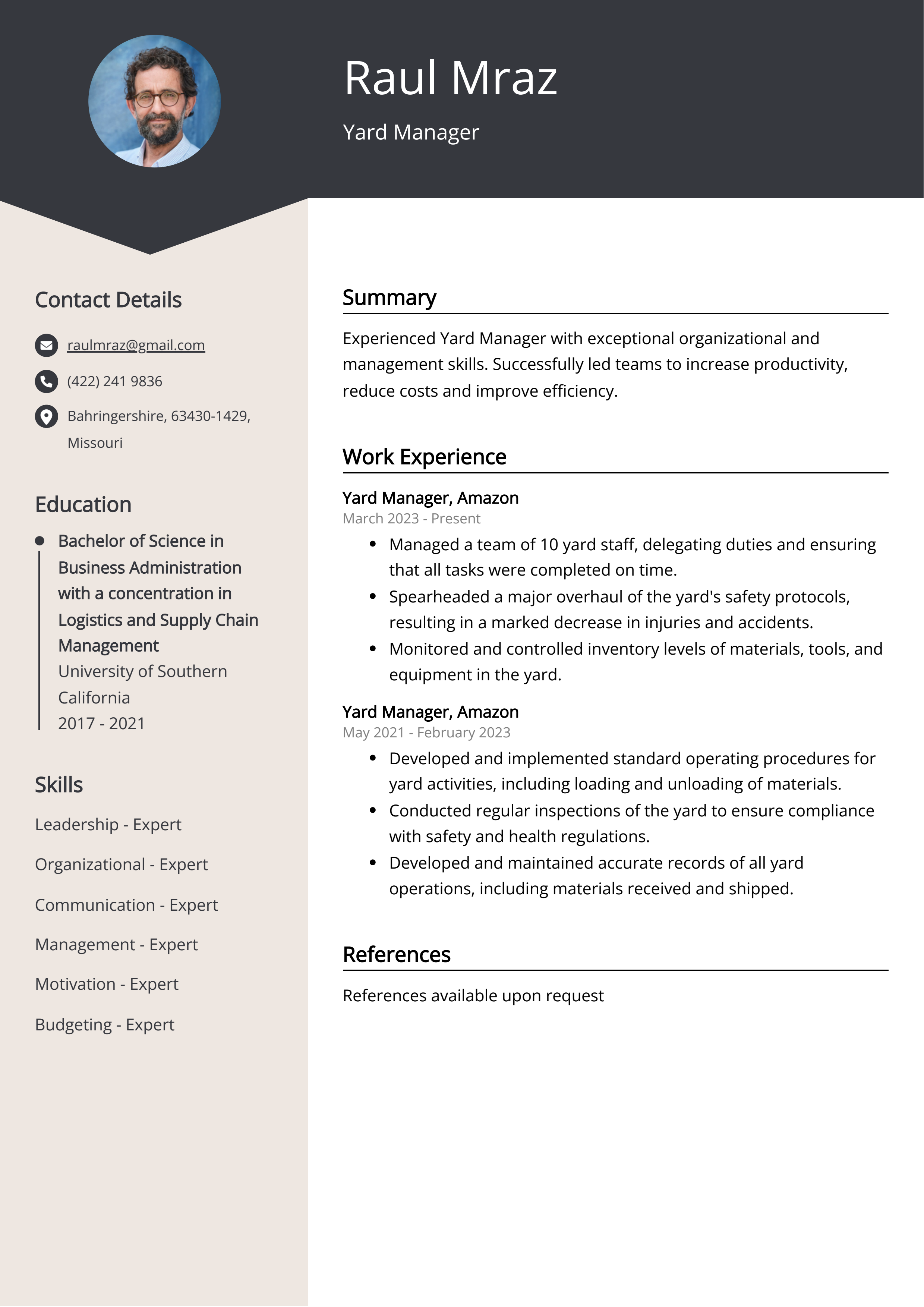 Yard Manager CV Examples & Guide