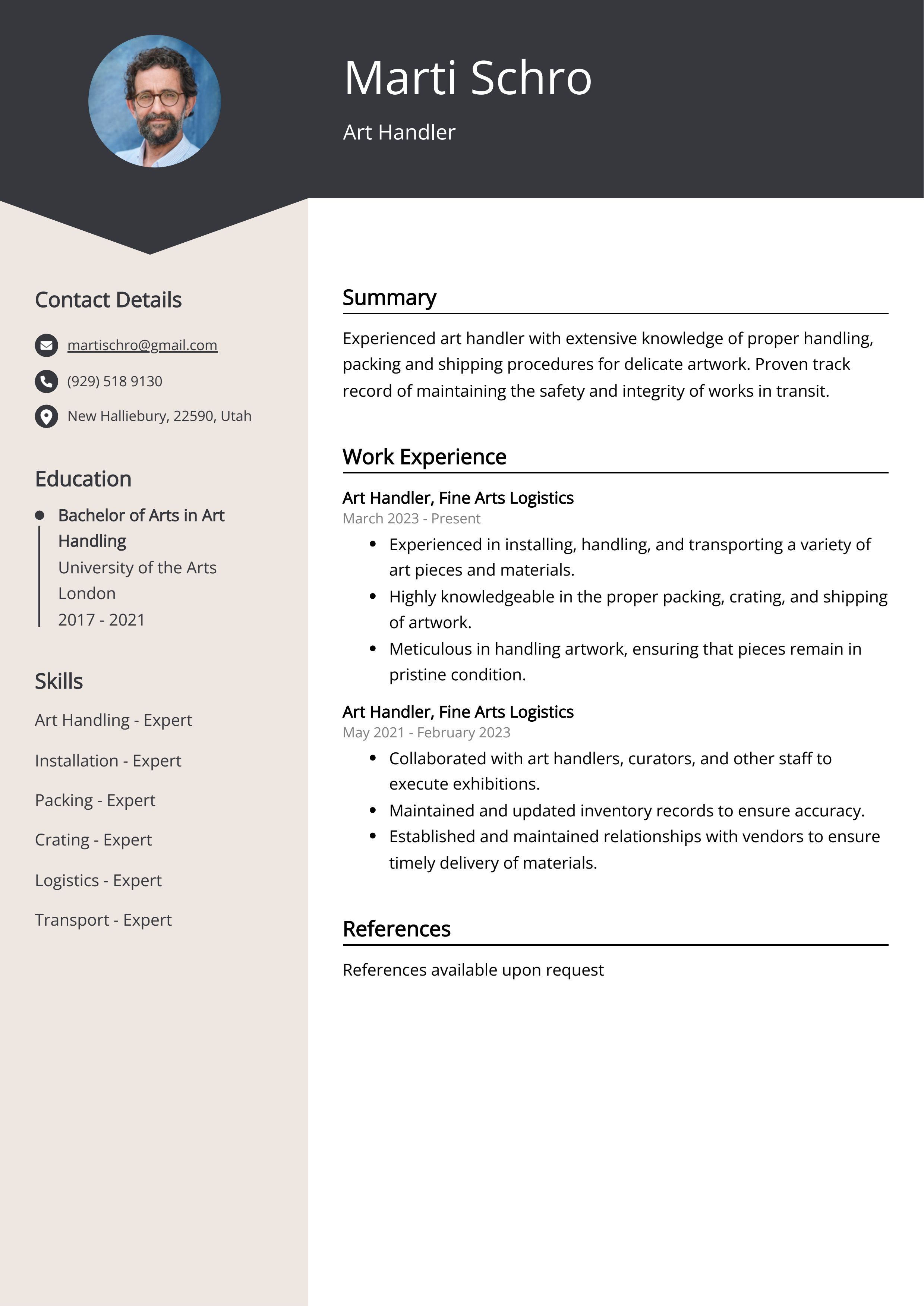 Art Handler Resume Example for 2023 (Skills & Templates)