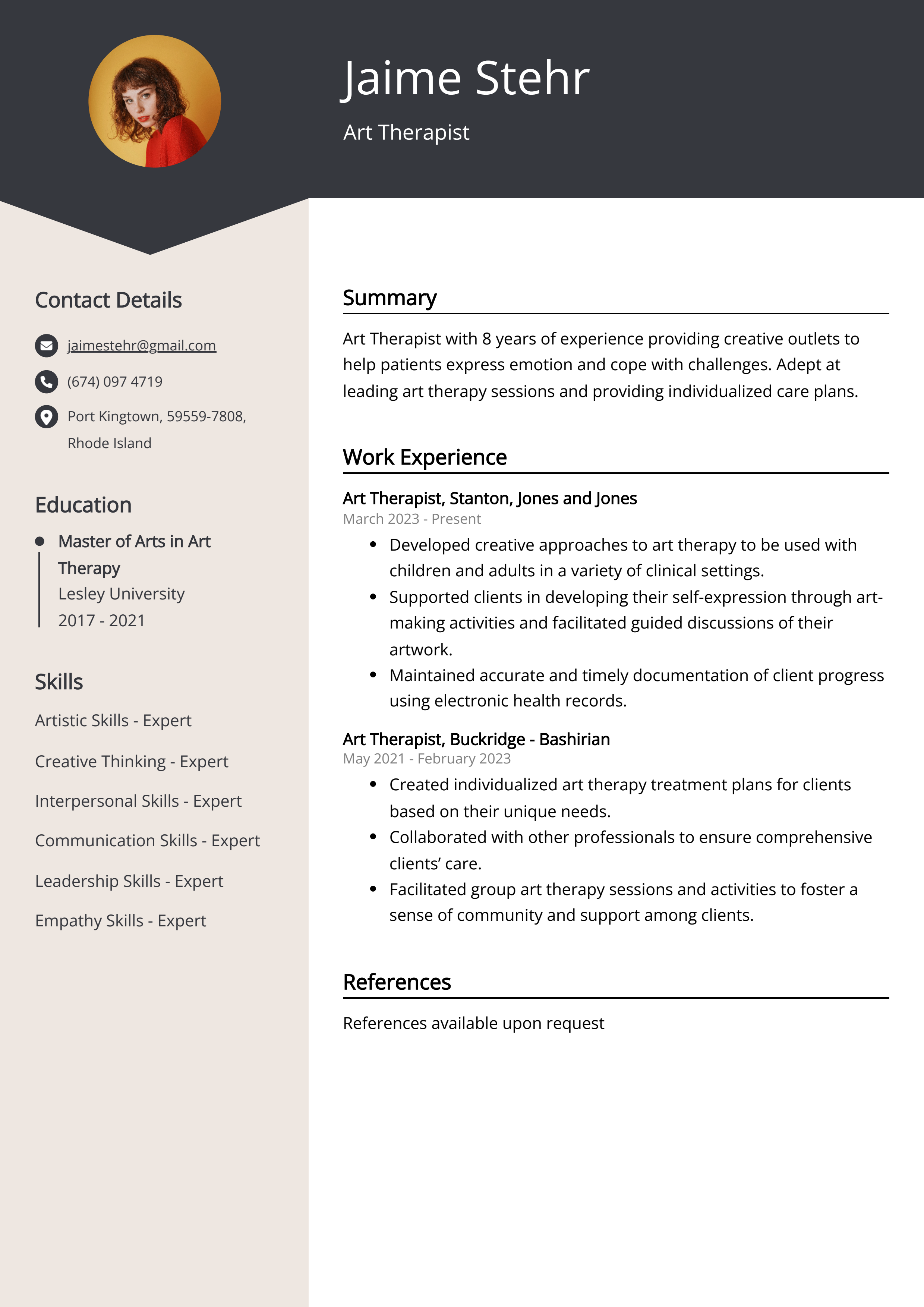 Art Therapist CV Example for 2023 (Skills & Templates)