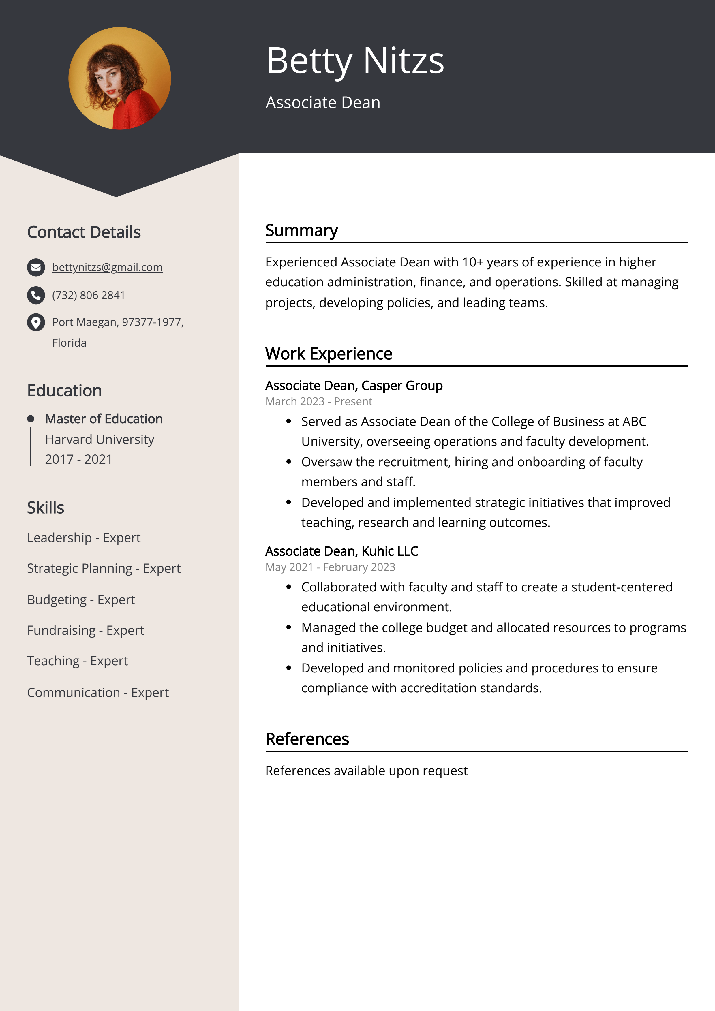 Associate Dean CV Example for 2023 (Skills & Templates)