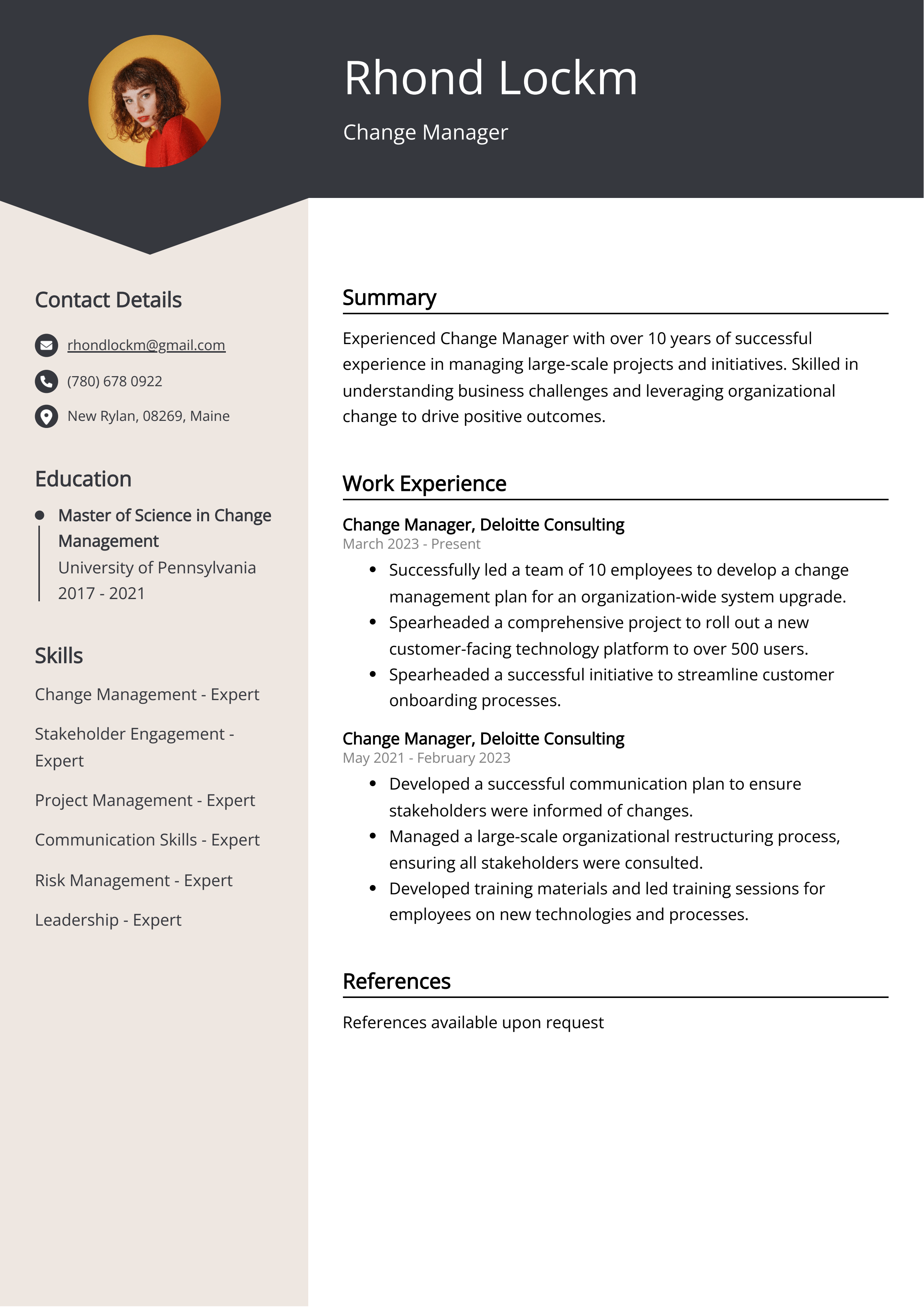 Change Manager Resume Example for 2023 (Skills & Templates)