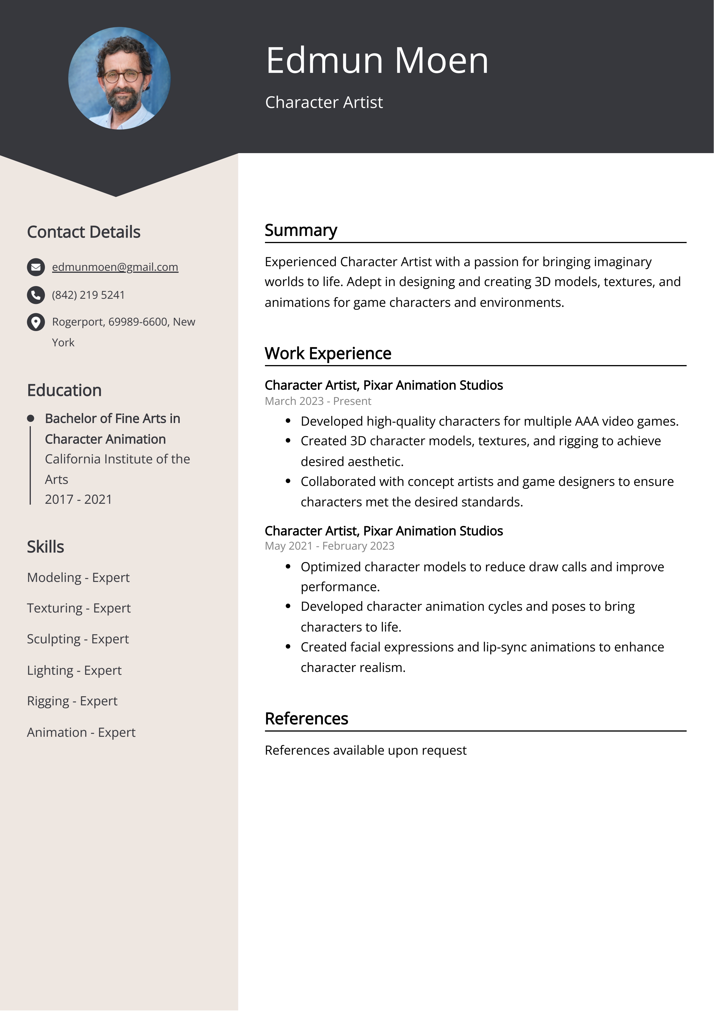 Character Artist Resume Example for 2023 (Skills & Templates)
