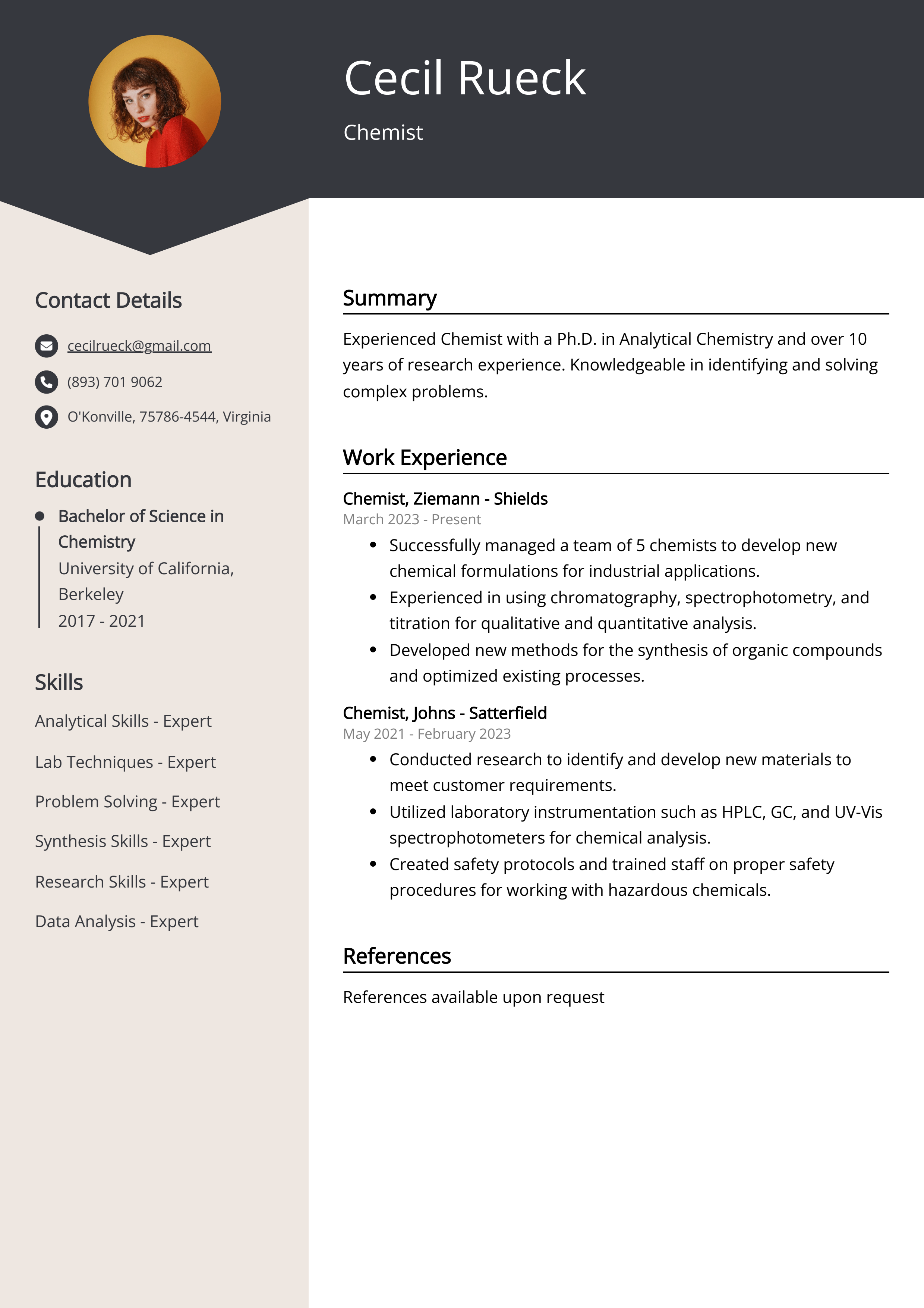 Chemist Resume Example Free Guide 