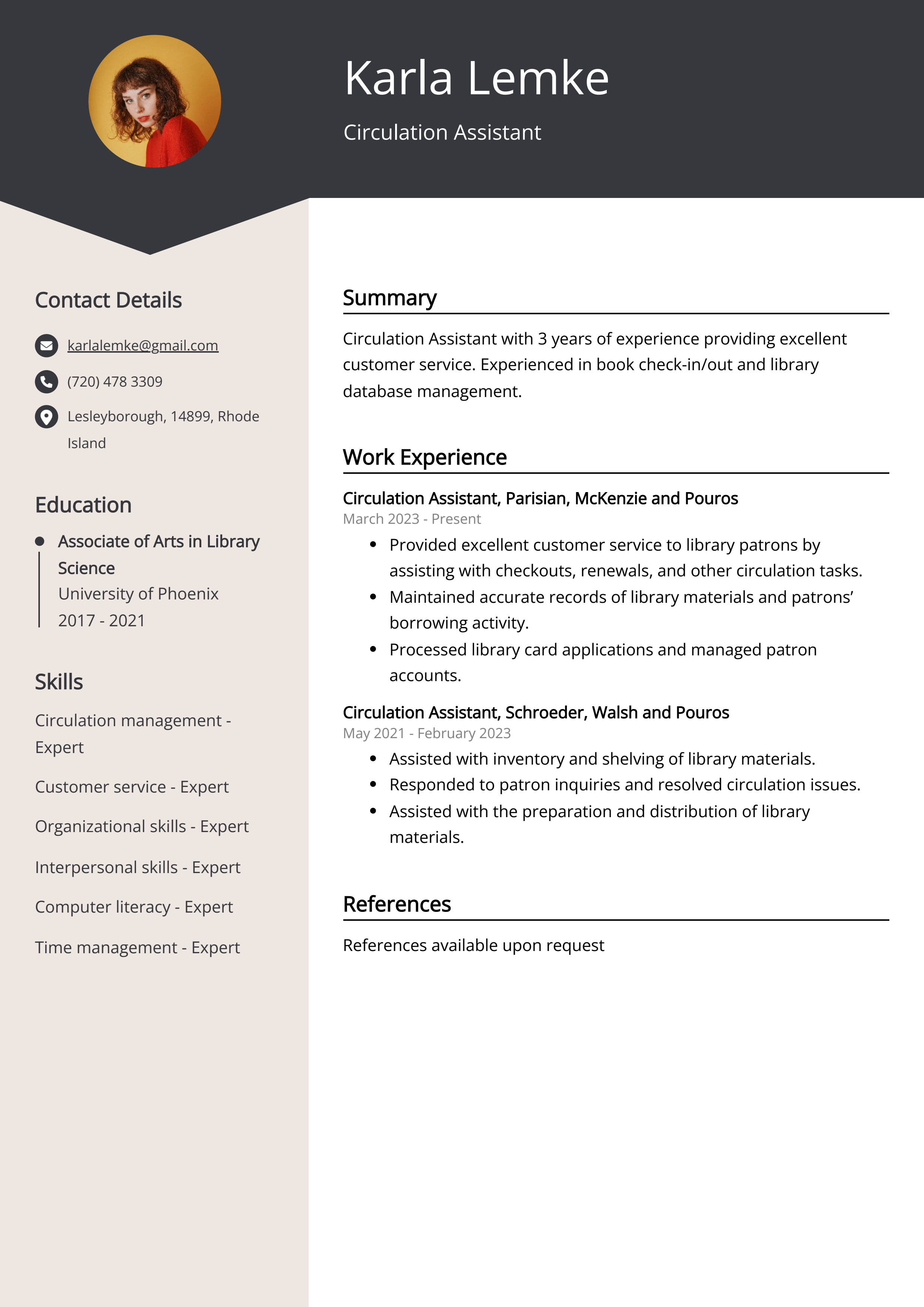 Circulation Assistant CV Example for 2023 (Skills & Templates)