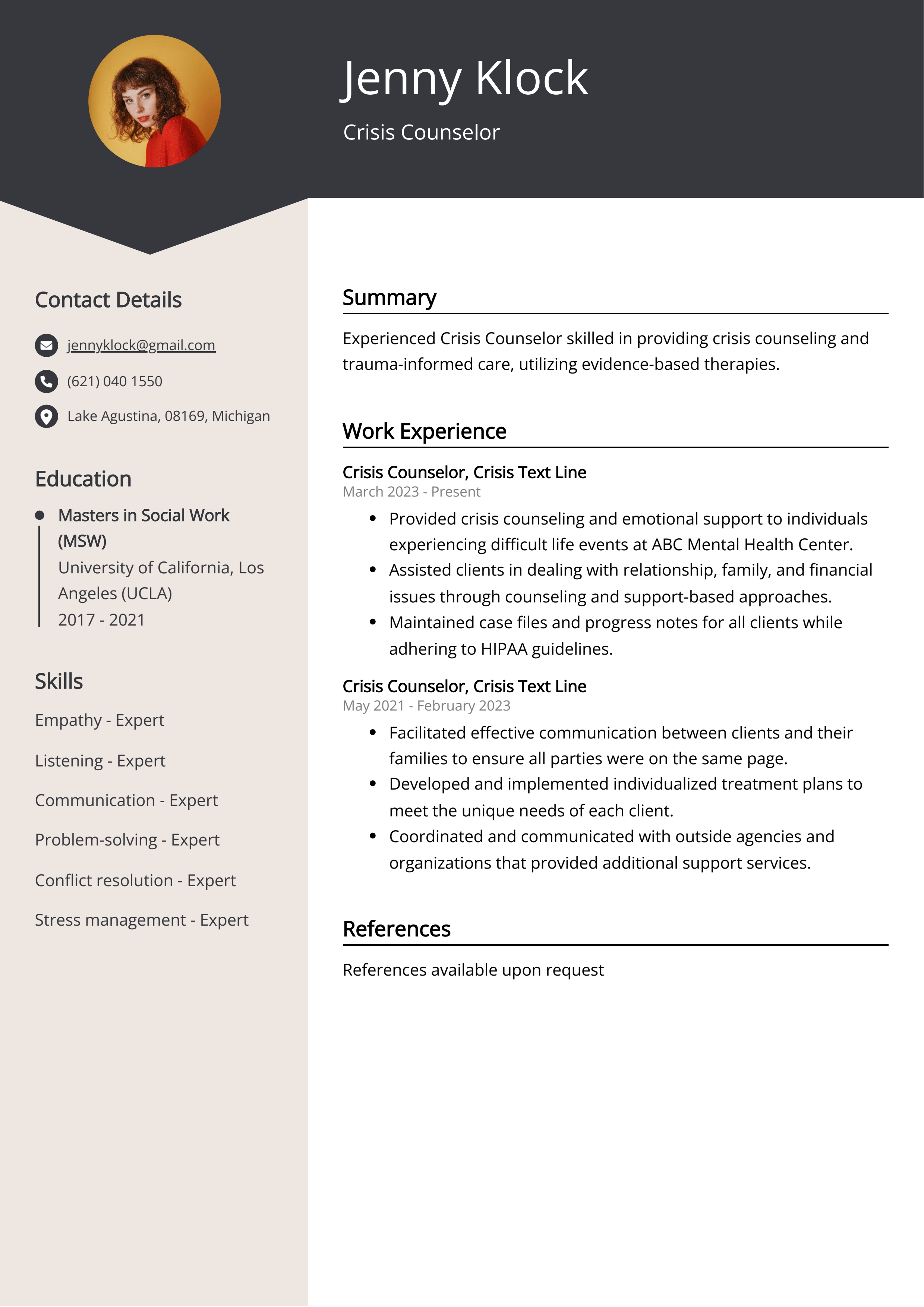 Crisis Counselor Resume Example for 2023 (Skills & Templates)