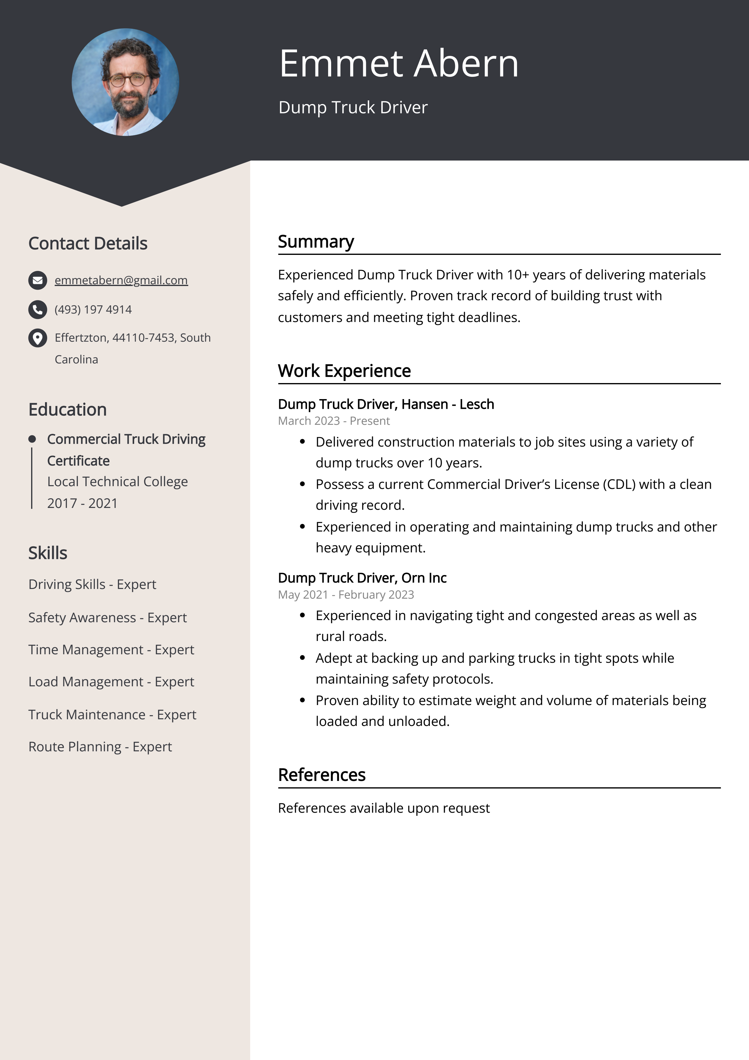 Dump Truck Driver Resume Example Free Guide 