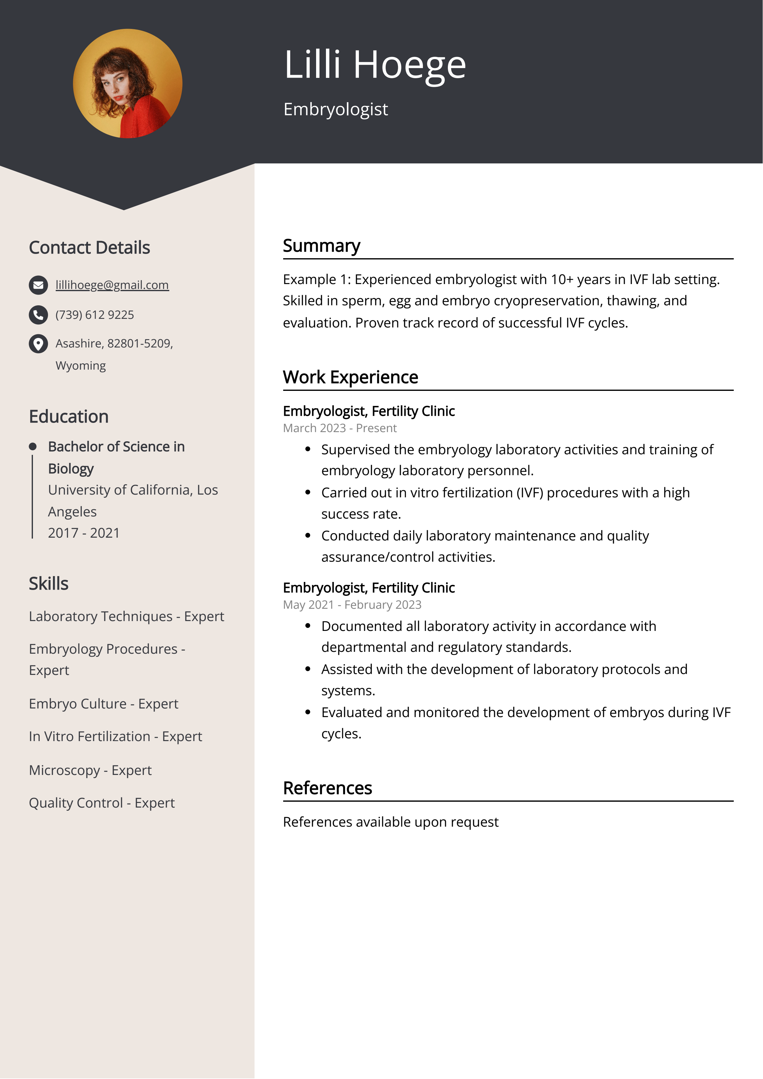 Embryologist Resume Example for 2023 (Skills & Templates)