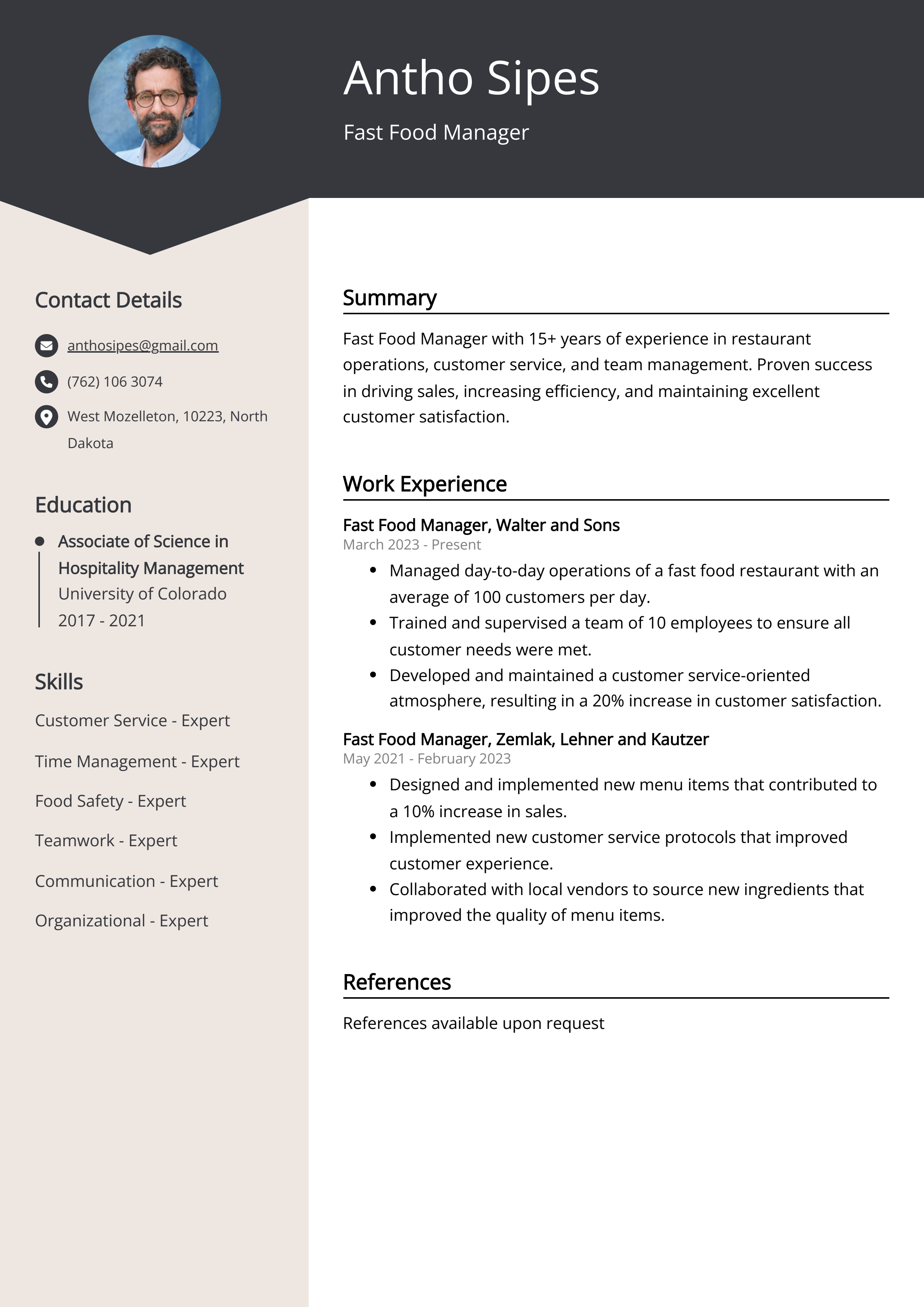 Fast Food Manager Resume Example Free Guide 