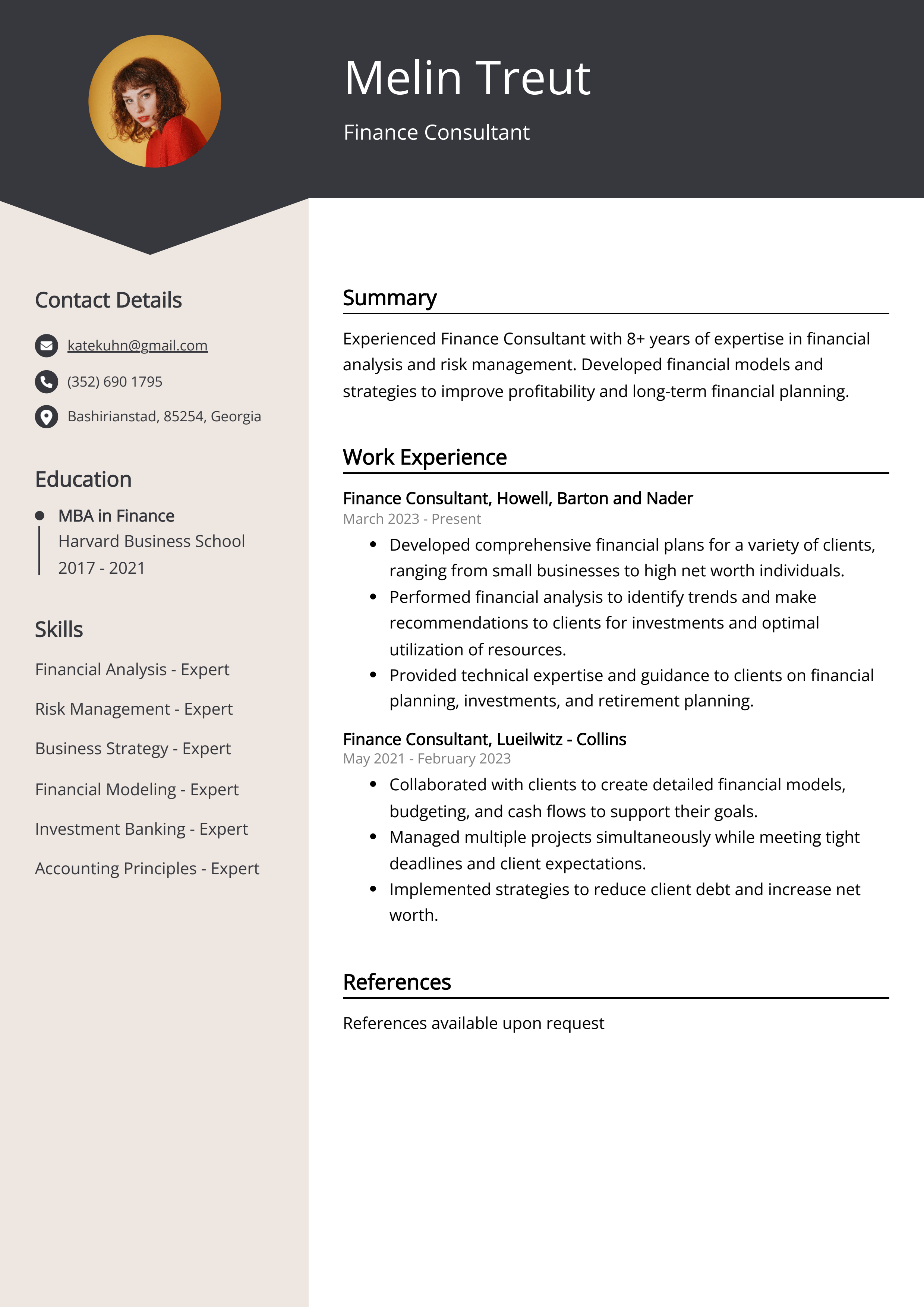 Finance Consultant Resume Example (Free Guide) Finance Consultant Resume Example (Free Guide)