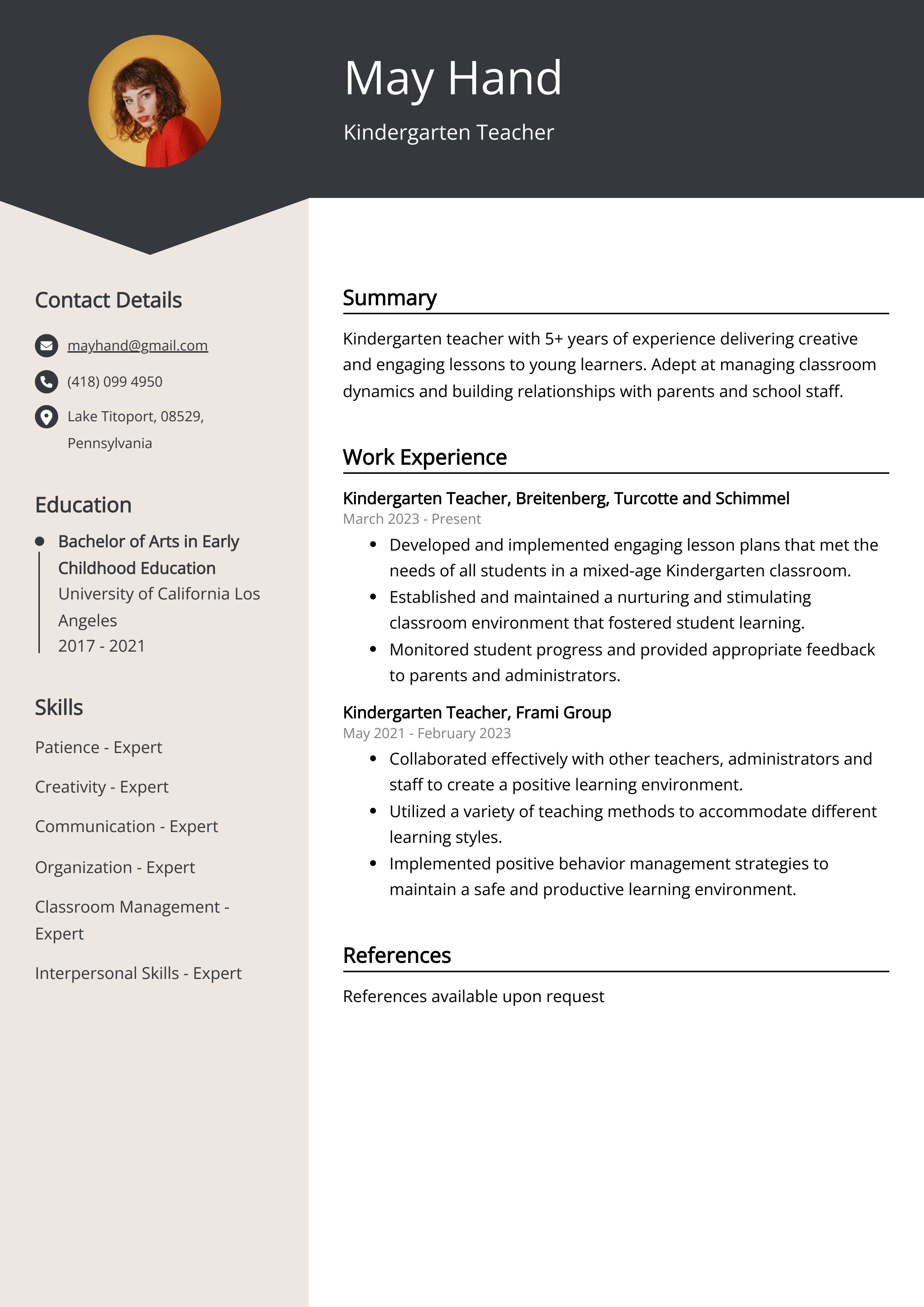 Kindergarten Teacher CV Job Description Sample Guide
