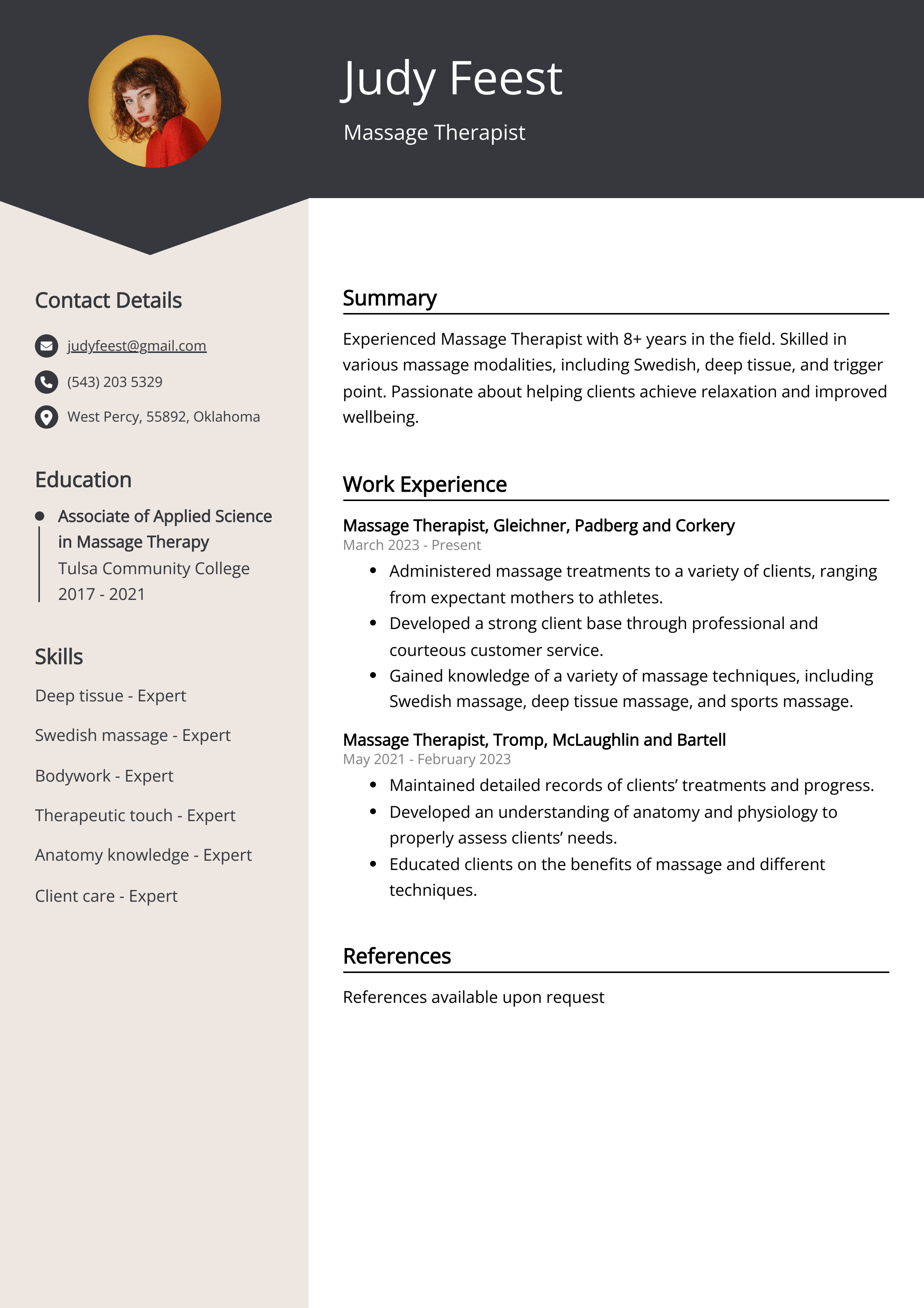 Massage Therapist CV Job Description Sample Guide