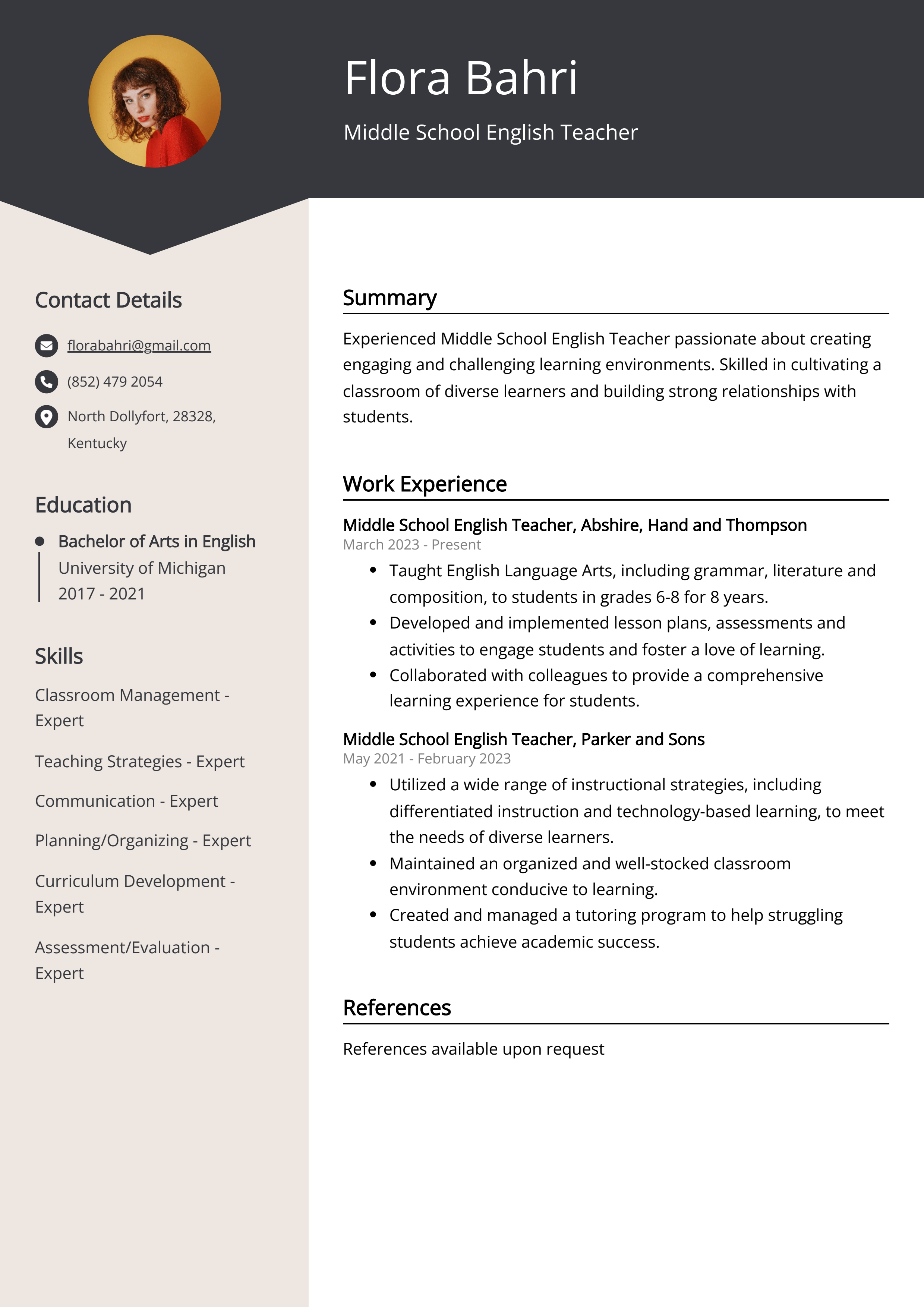 Middle School English Teacher CV Job Description Sample Guide