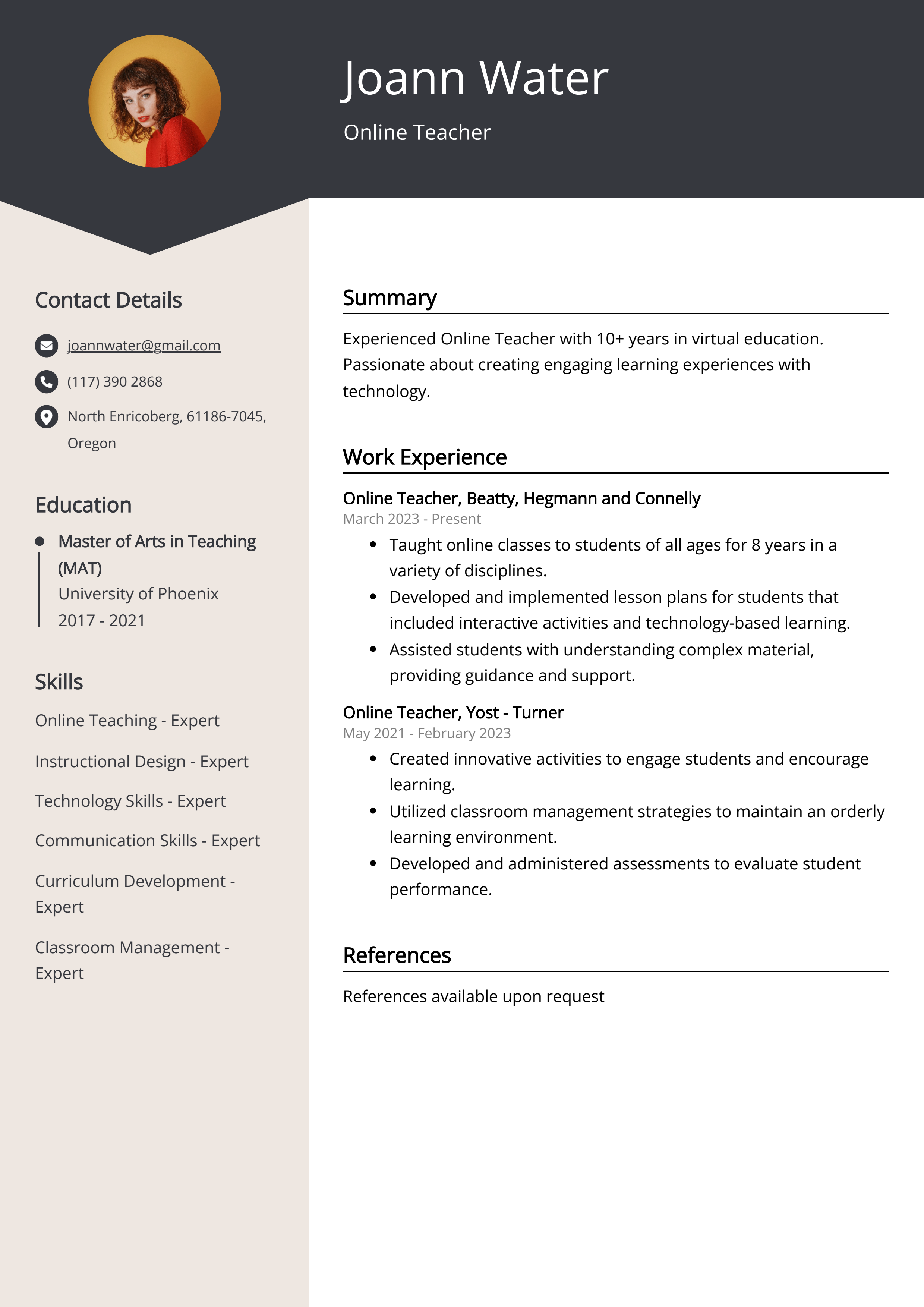 Online Teacher CV Job Description Sample Guide