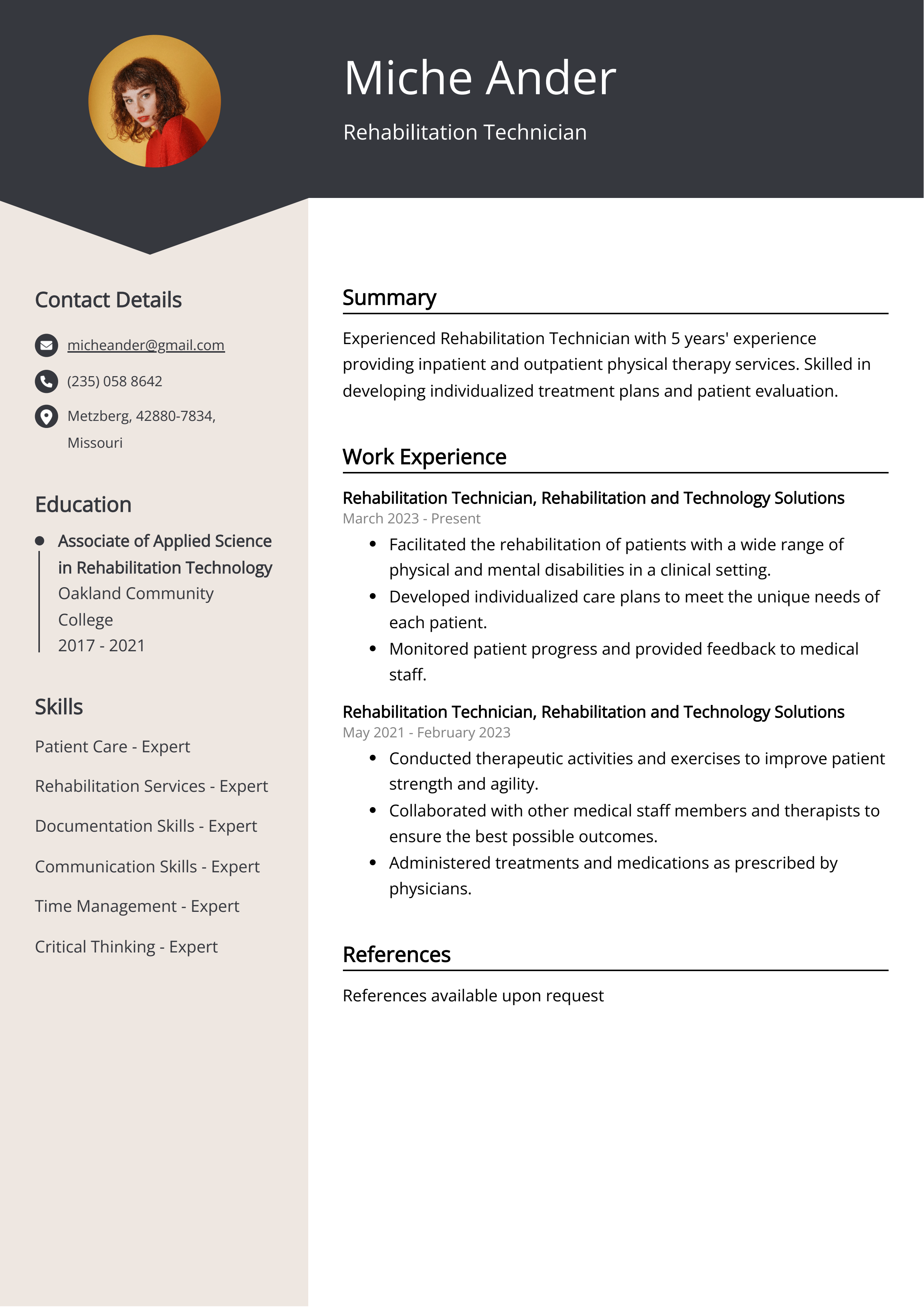 Rehabilitation Technician Resume Examples (Template & 20+ Tips)