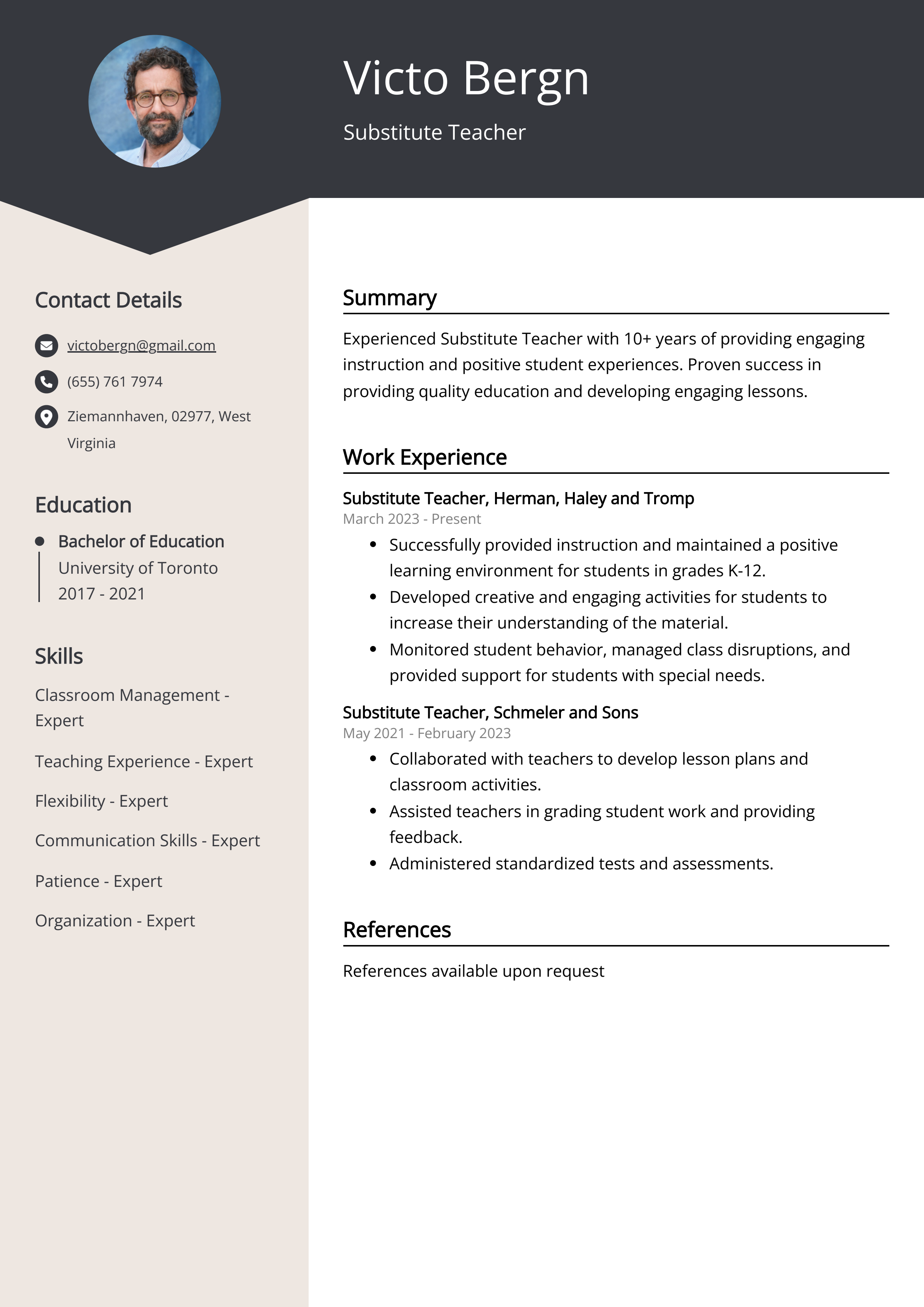 Experienced Substitute Teacher Resume Example Free Guide 