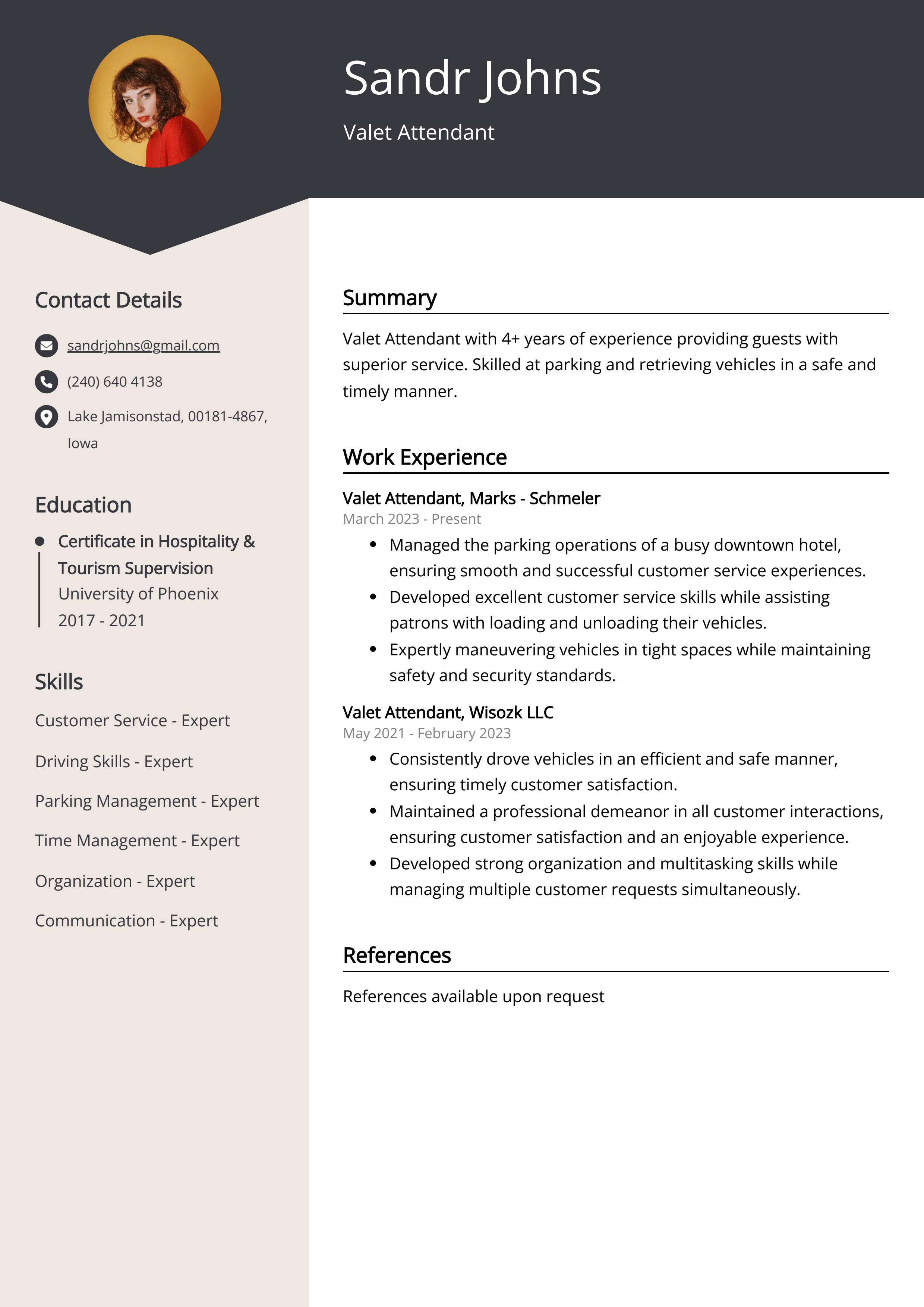 Valet Attendant CV Examples & Guide