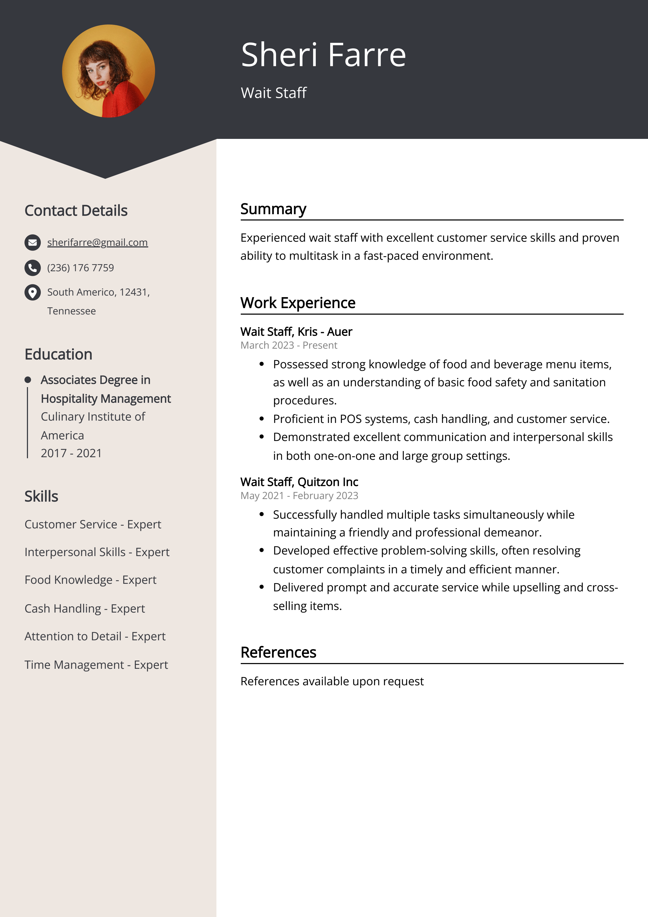 Wait Staff CV Examples Guide