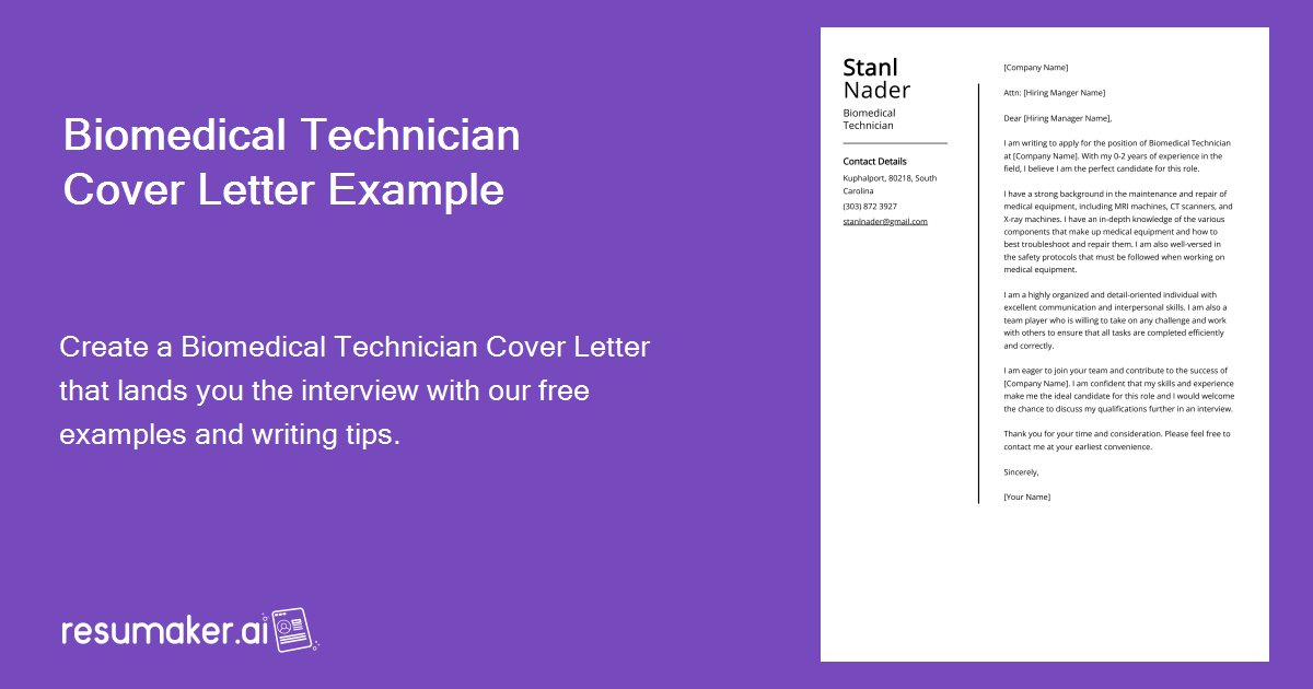 Biomedical Technician Cover Letter Example for 2023 (Skills & Templates)