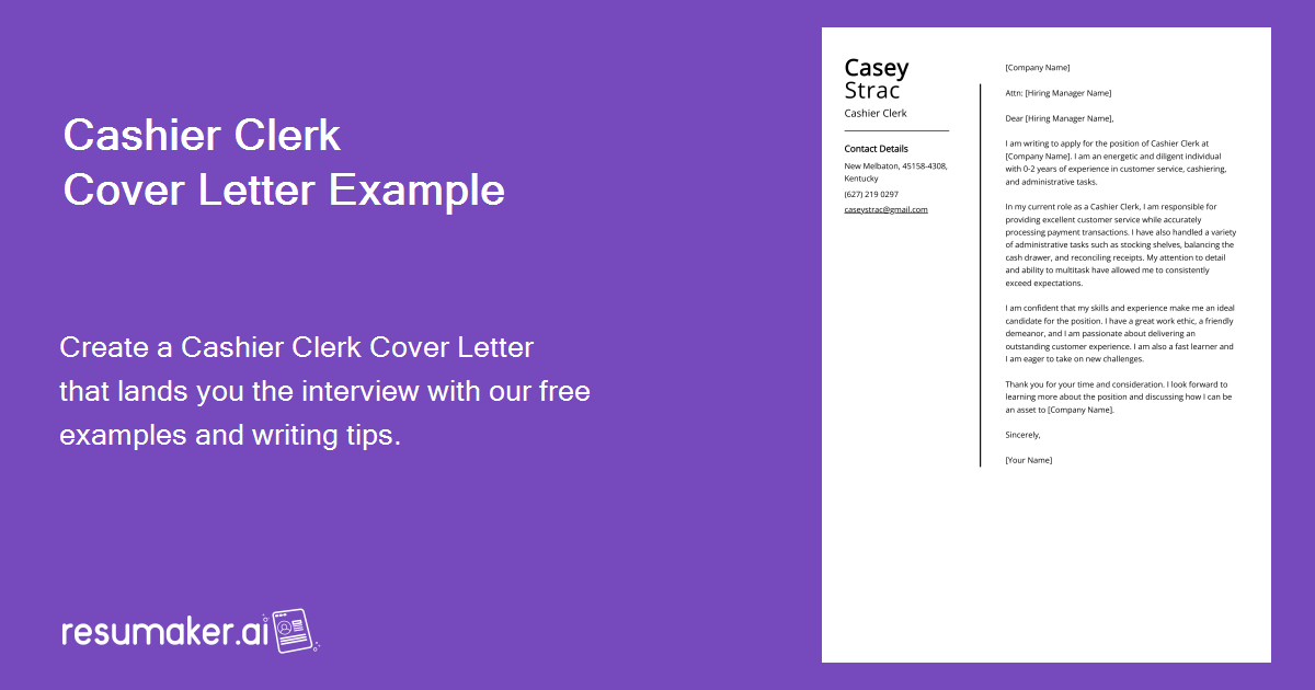 Cashier Clerk Cover Letter Example (Free Guide)