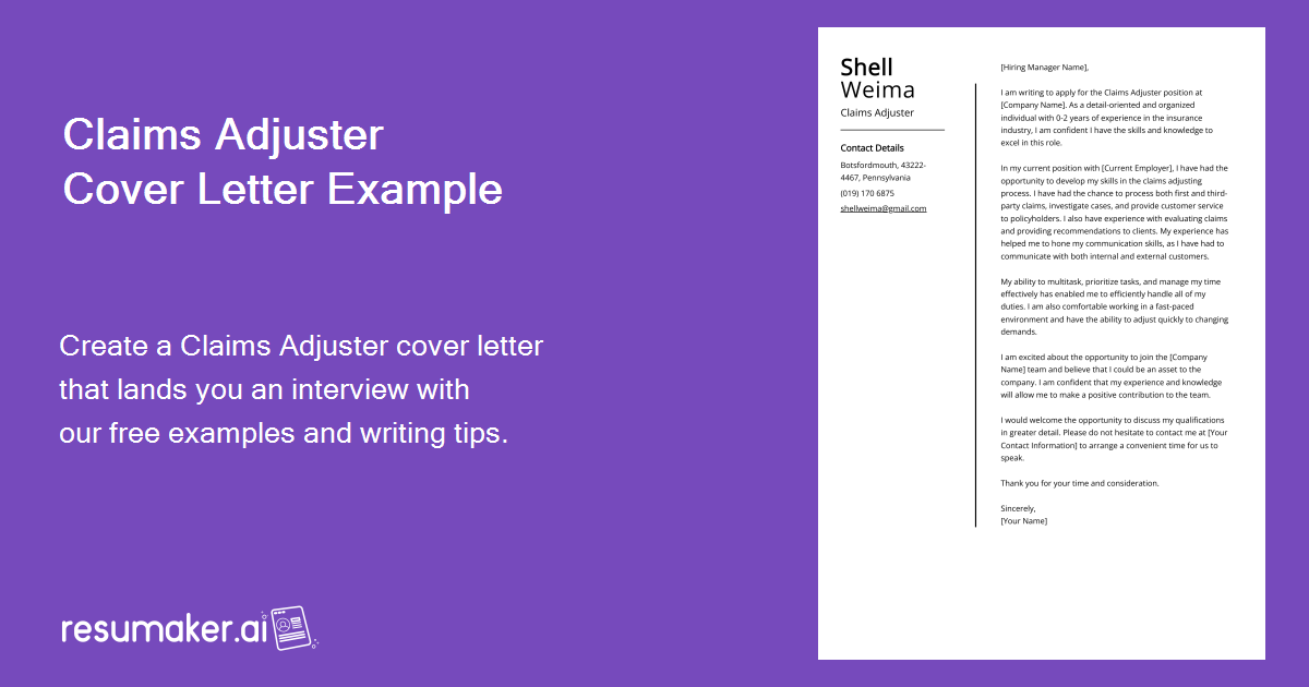 Claims Adjuster Cover Letter Example for 2024 (Skills & Templates) Claims Adjuster Cover Letter Example for 2024 (Skills & Templates)