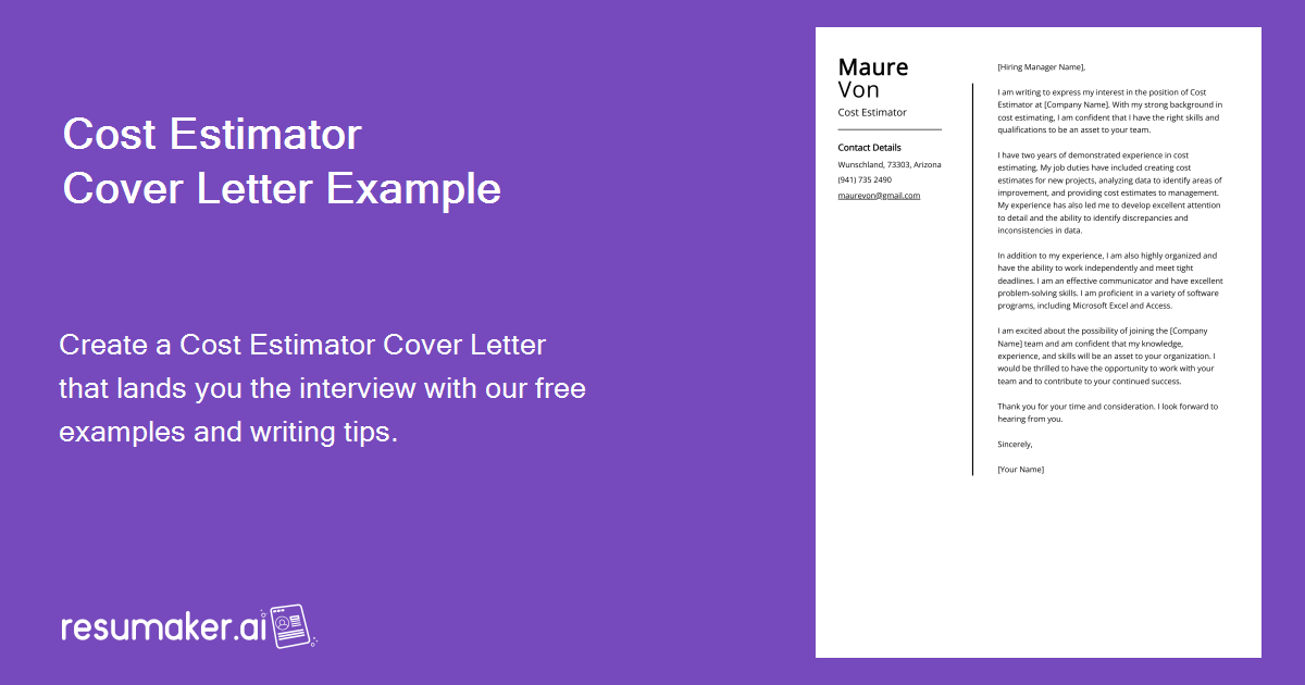 Cost Estimator Cover Letter Example for 2023 (Skills & Templates)