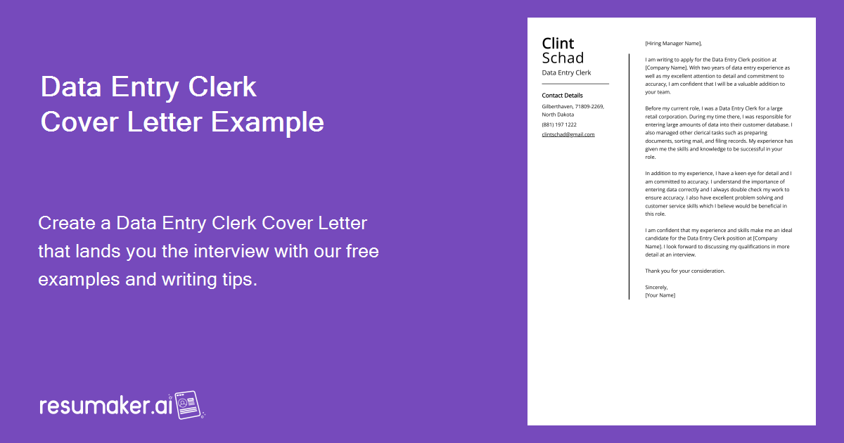 Data Entry Clerk Cover Letter Example for 2023 (Skills & Templates)