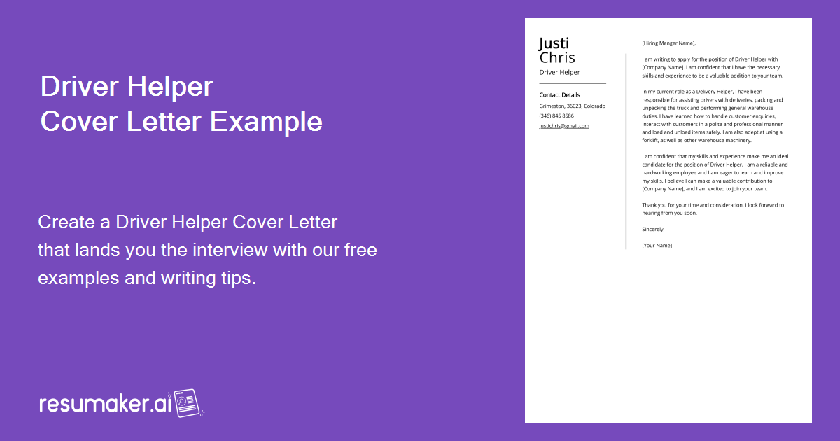 Driver Helper Cover Letter Example for 2023 (Skills & Templates)