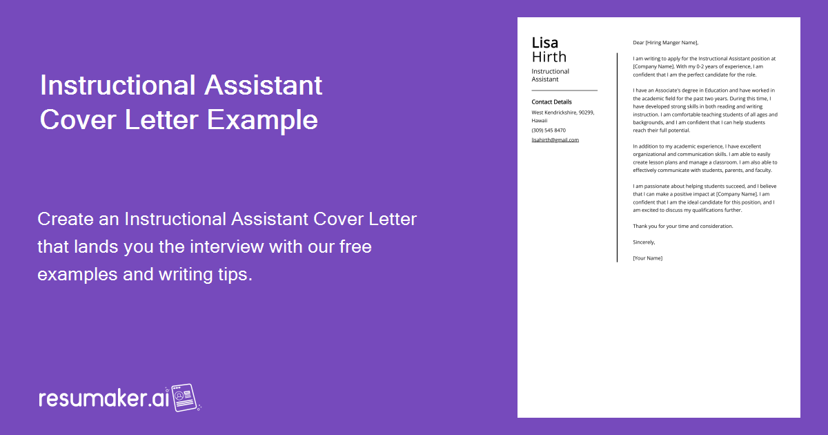 Instructional Assistant Cover Letter: Sample & Guide [Entry Level ...