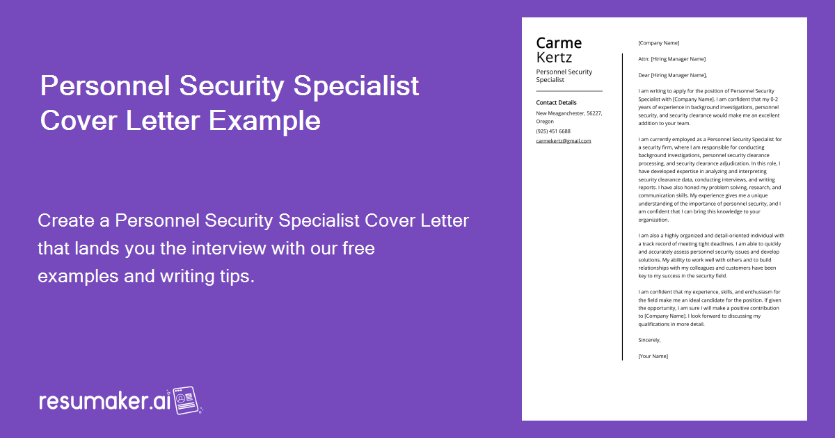 Personnel Security Specialist Cover Letter Examples (Template & 20+ Tips)