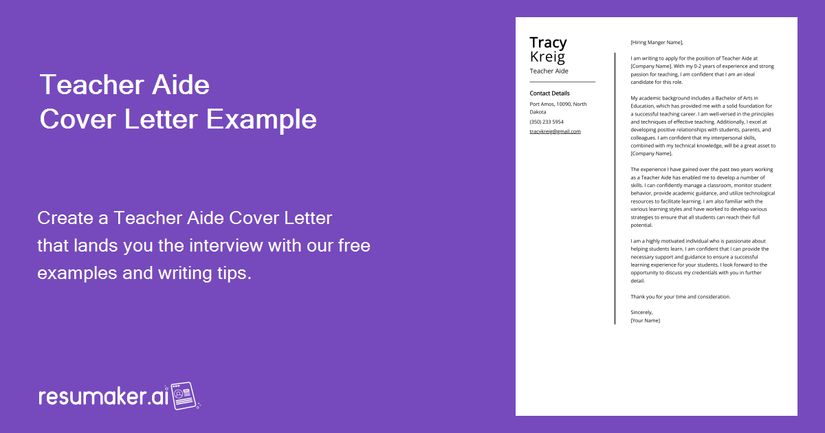 Teacher Aide Cover Letter Examples (Template & 20+ Tips)
