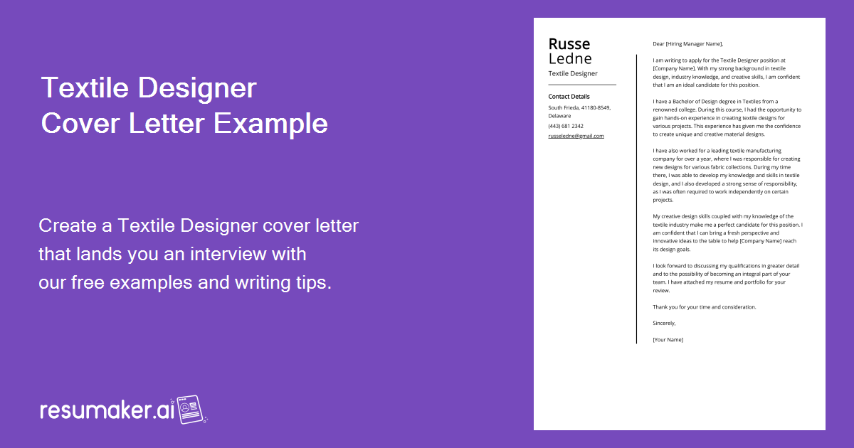 Textile Designer Cover Letter Examples (Template & 20+ Tips)