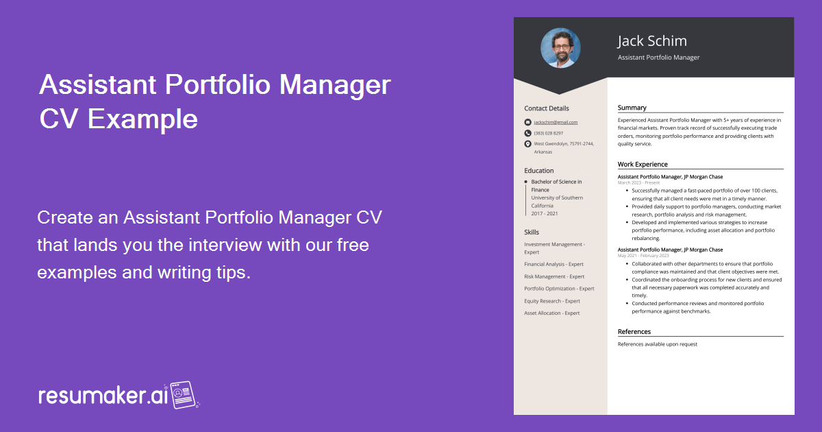 Assistant Portfolio Manager CV Example for 2023 (Skills & Templates)