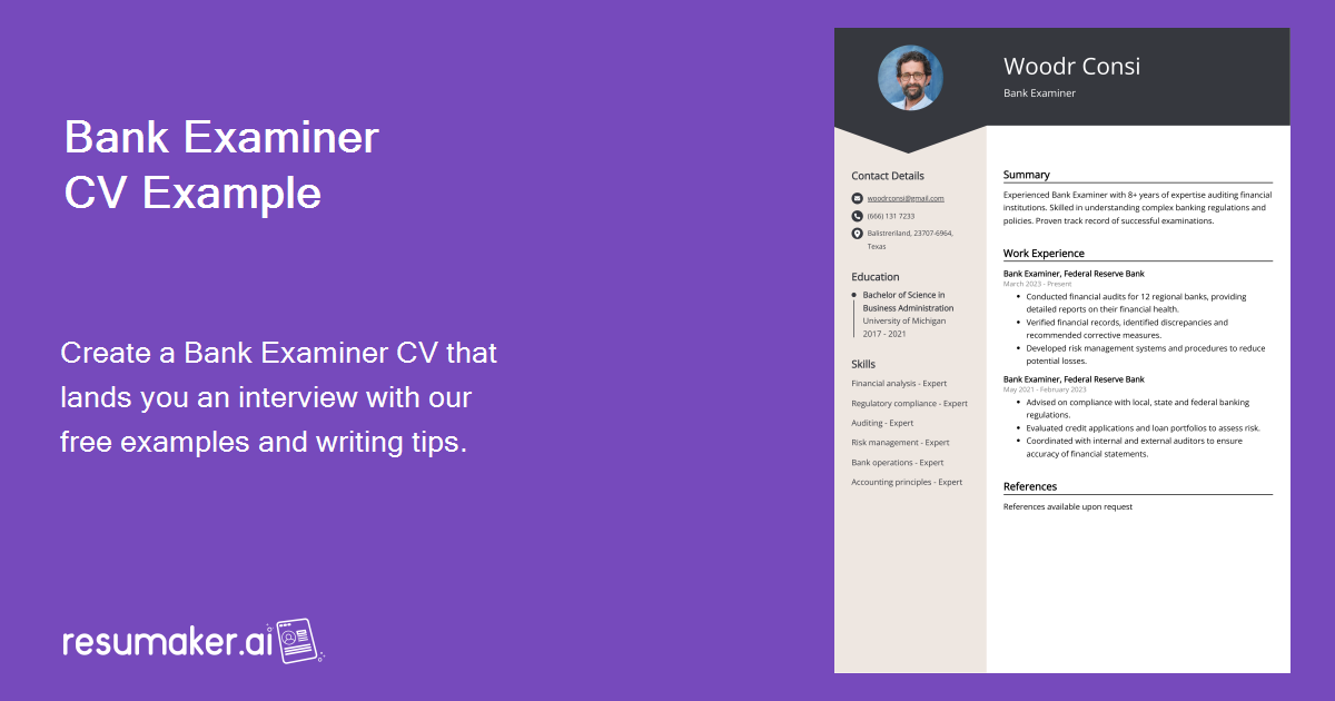 Bank Examiner CV Example for 2023 (Skills & Templates)