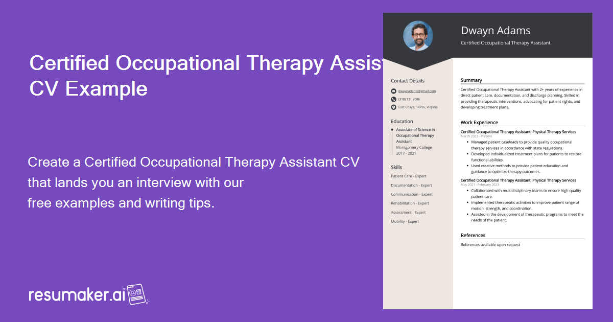 Certified Occupational Therapy Assistant CV Example for 2023 (Skills ...