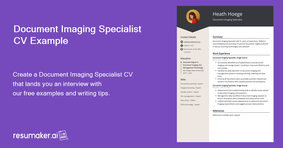 Document Imaging Specialist CV Example for 2023 (Skills & Templates)