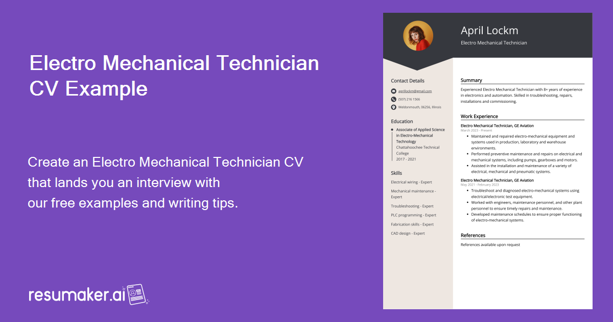 Electro Mechanical Technician CV Example for 2024 (Skills & Templates)