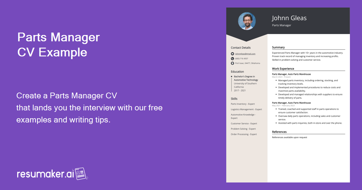 Parts Manager CV Examples (Template & 20+ Tips)