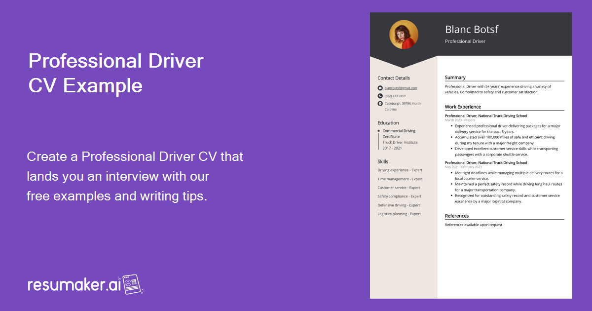 Professional Driver CV Examples (Template & 20+ Tips)