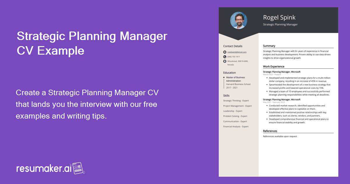 Strategic Planning Manager CV Examples (Template & 20+ Tips)