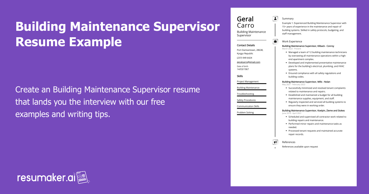Building Maintenance Supervisor Resume Example (Free Guide)
