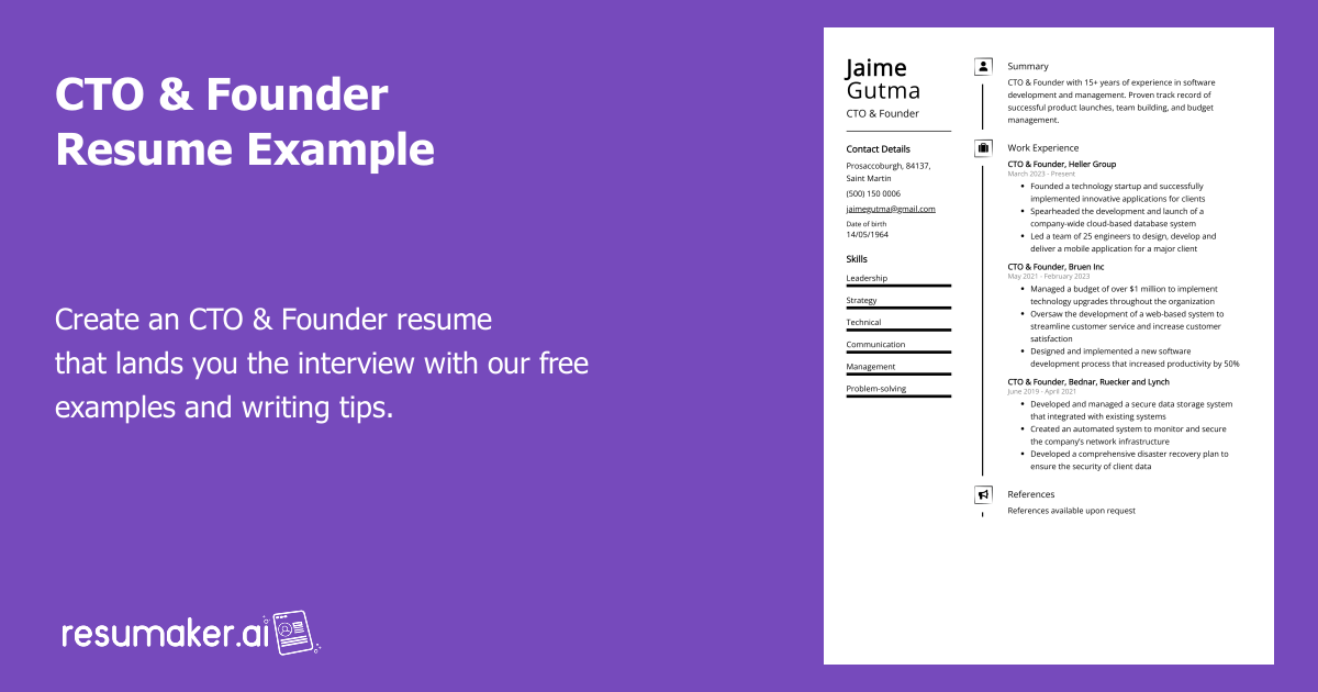 CTO & Founder Resume Example (Free Guide)