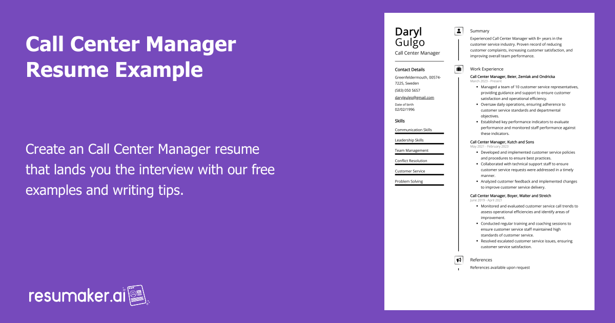Call Center Manager Resume Example (Free Guide)