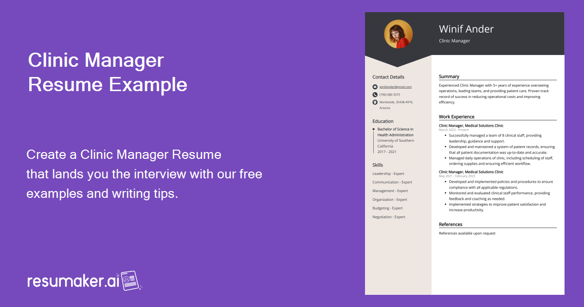 Clinic Manager Resume Example for 2023 (Skills & Templates)