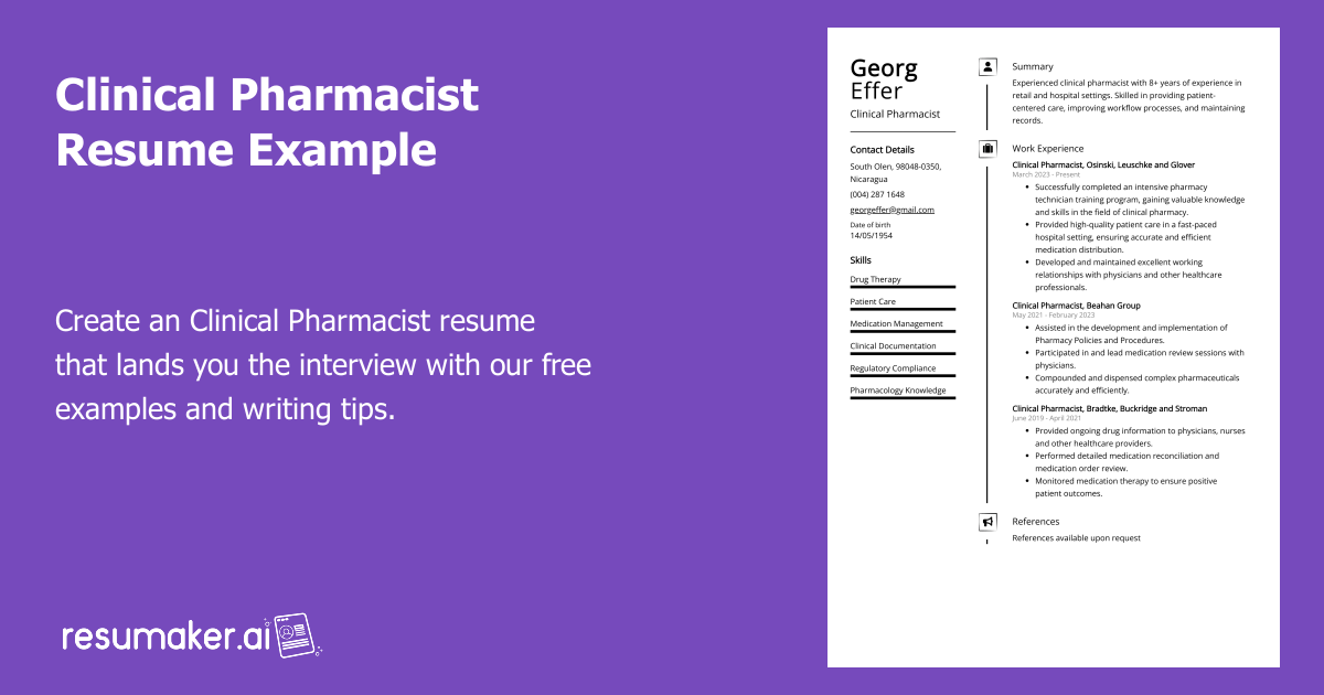 Clinical Pharmacist Resume Example (Free Guide)